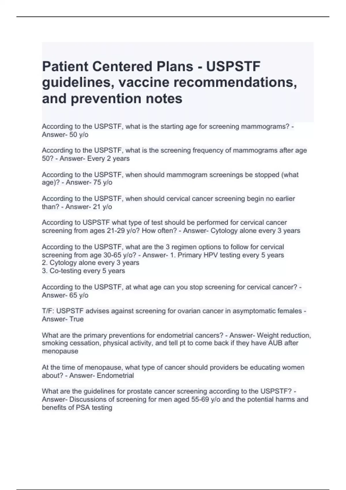 Patient Centered Plans - USPSTF guidelines, vaccine recommendations ...