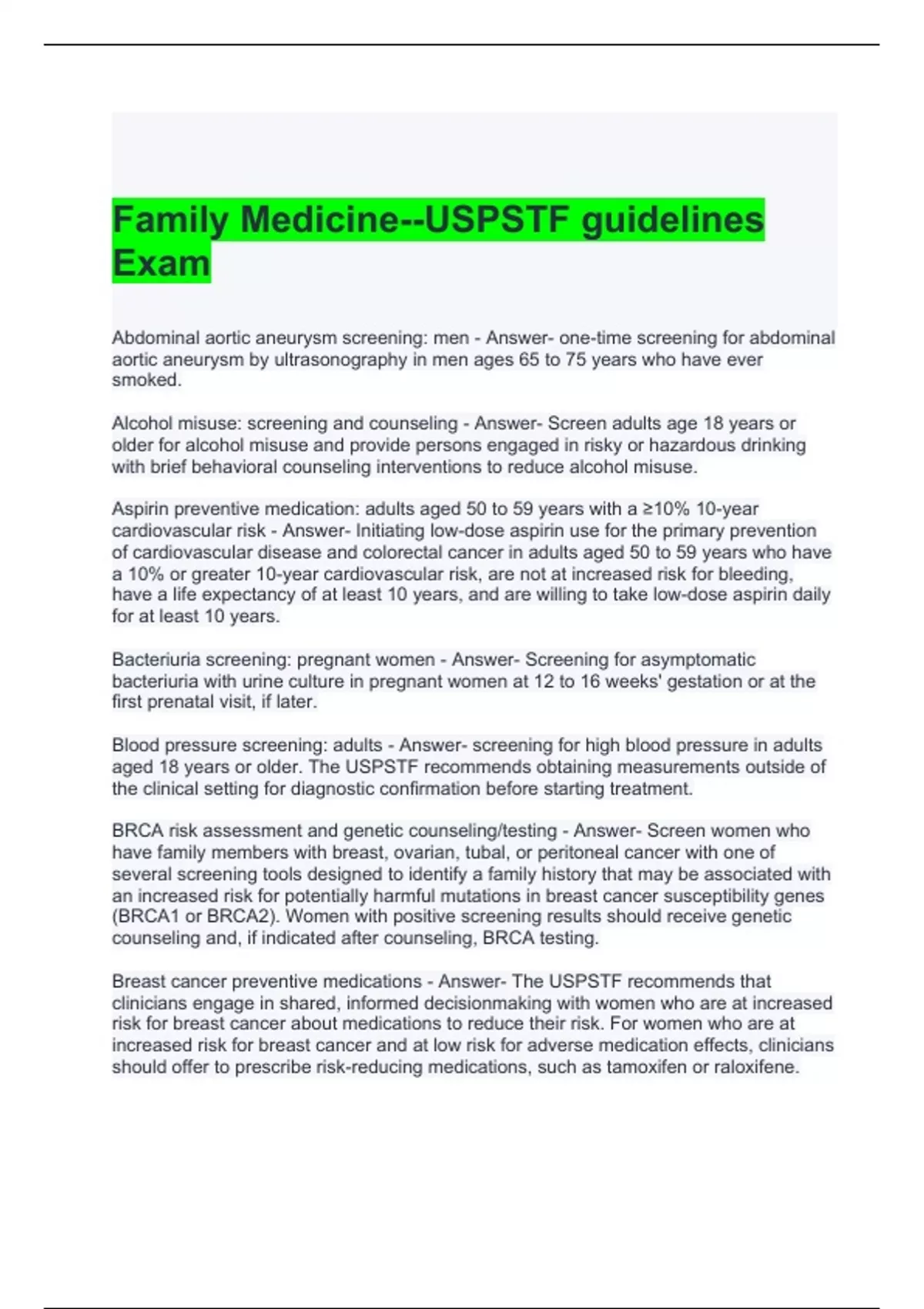 Family Medicine--USPSTF guidelines Exam Questions and Answers - USPSTF ...
