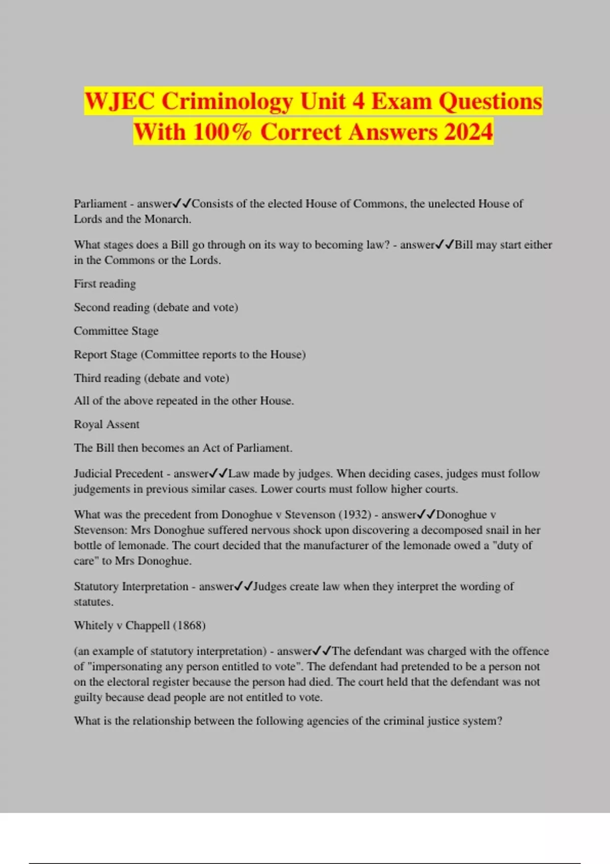 WJEC Criminology Unit 4 Exam Questions With 100% Correct Answers 2024 ...