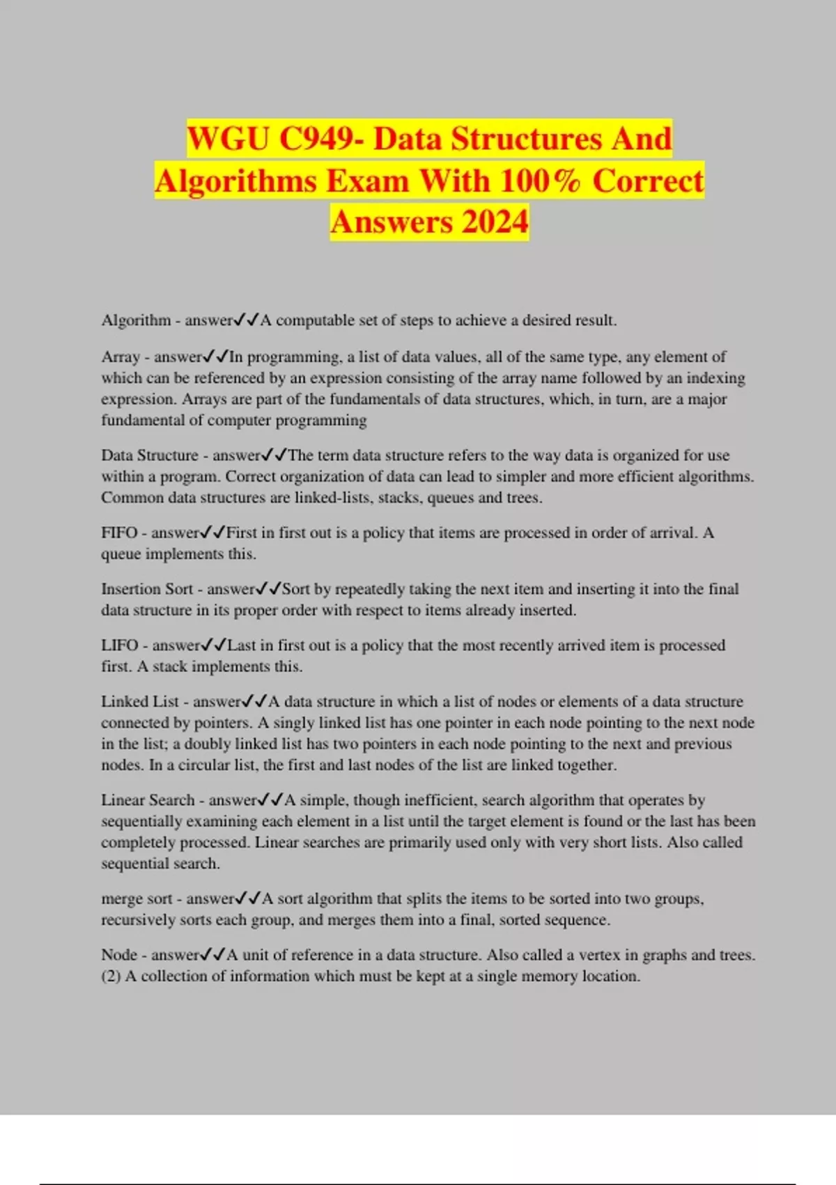 WGU C949- Data Structures And Algorithms Exam With 100% Correct Answers 2024 - WGU C949 - Stuvia UK
