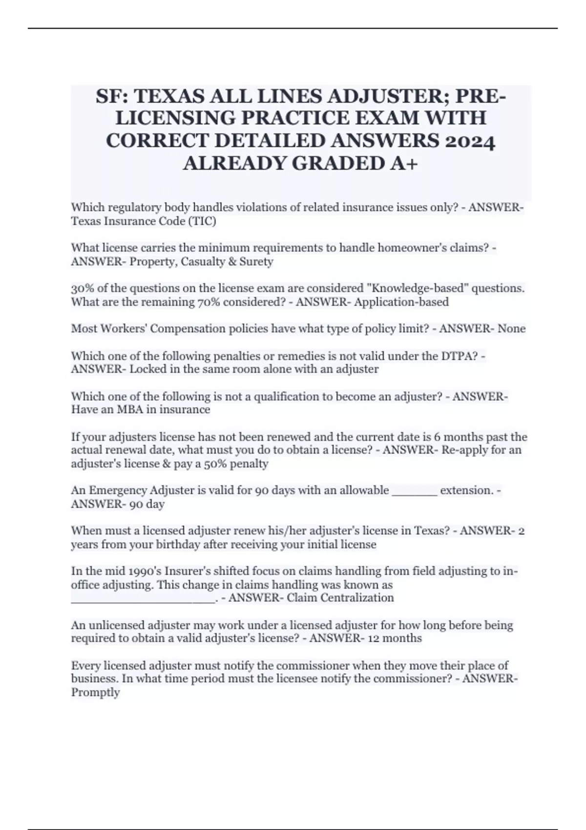 SF: TEXAS ALL LINES ADJUSTER; PRE-LICENSING PRACTICE EXAM WITH CORRECT ...