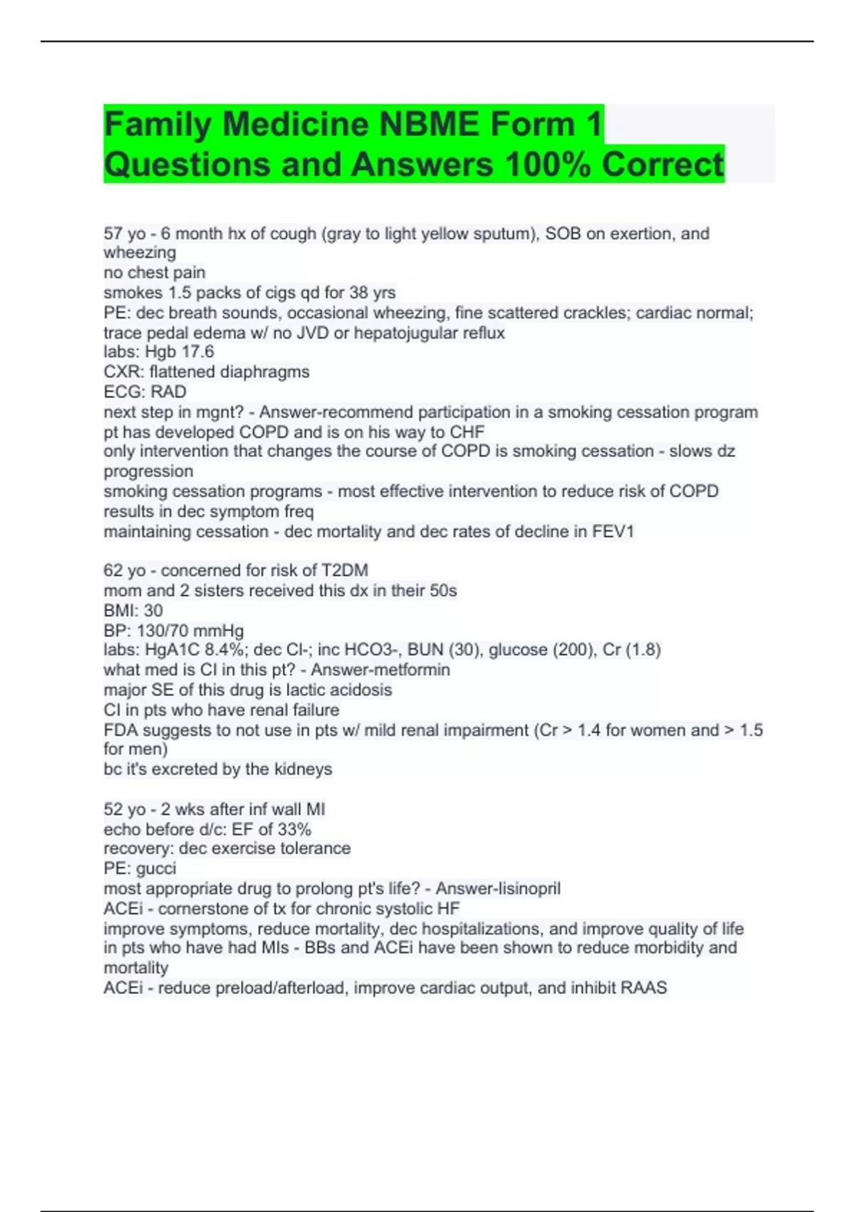 Family Medicine NBME Form 1 Questions and Answers 100% Correct - Family ...