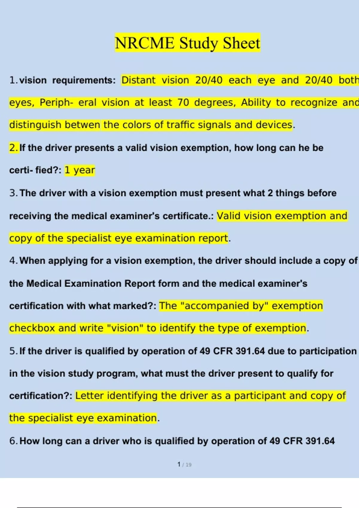 NRCME Study Sheet | Questions with 100% Correct Answers | Verified ...