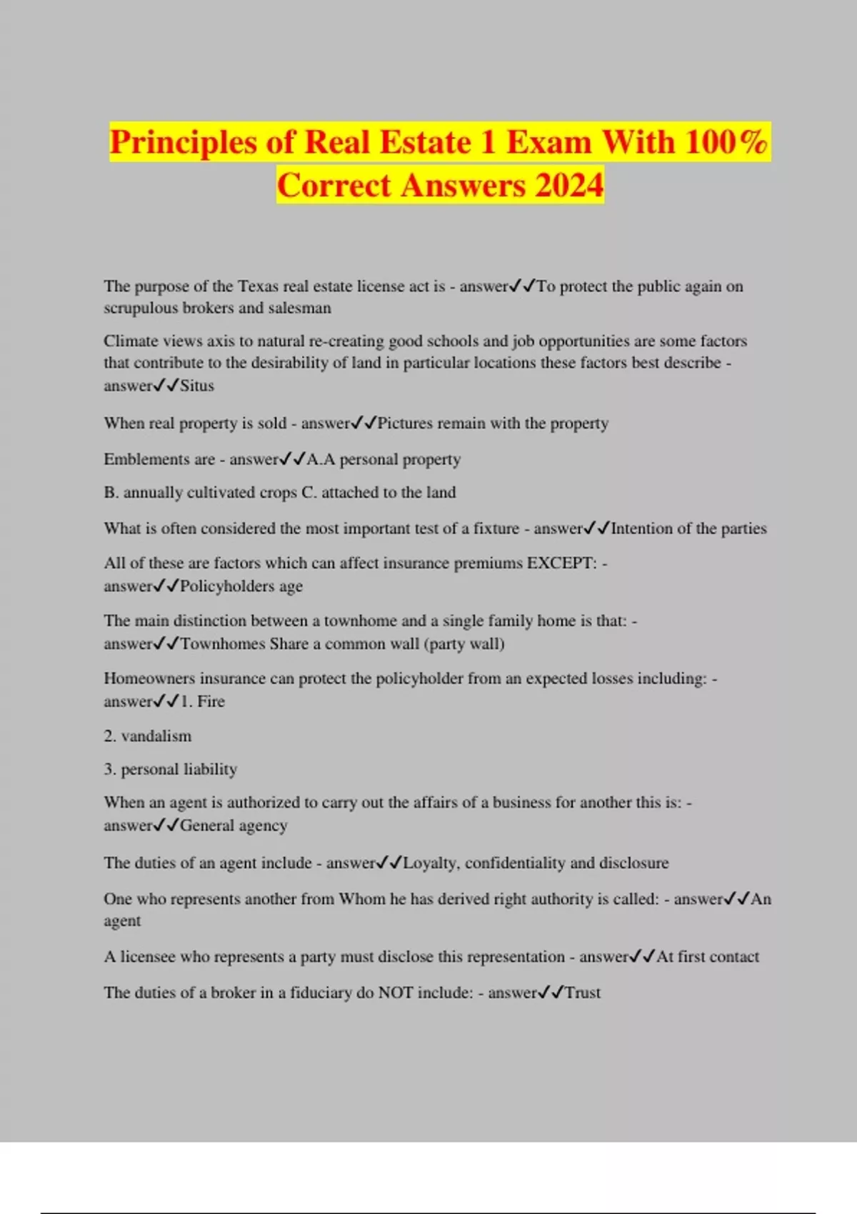 Principles of Real Estate 1 Exam With 100% Correct Answers 2024 ...