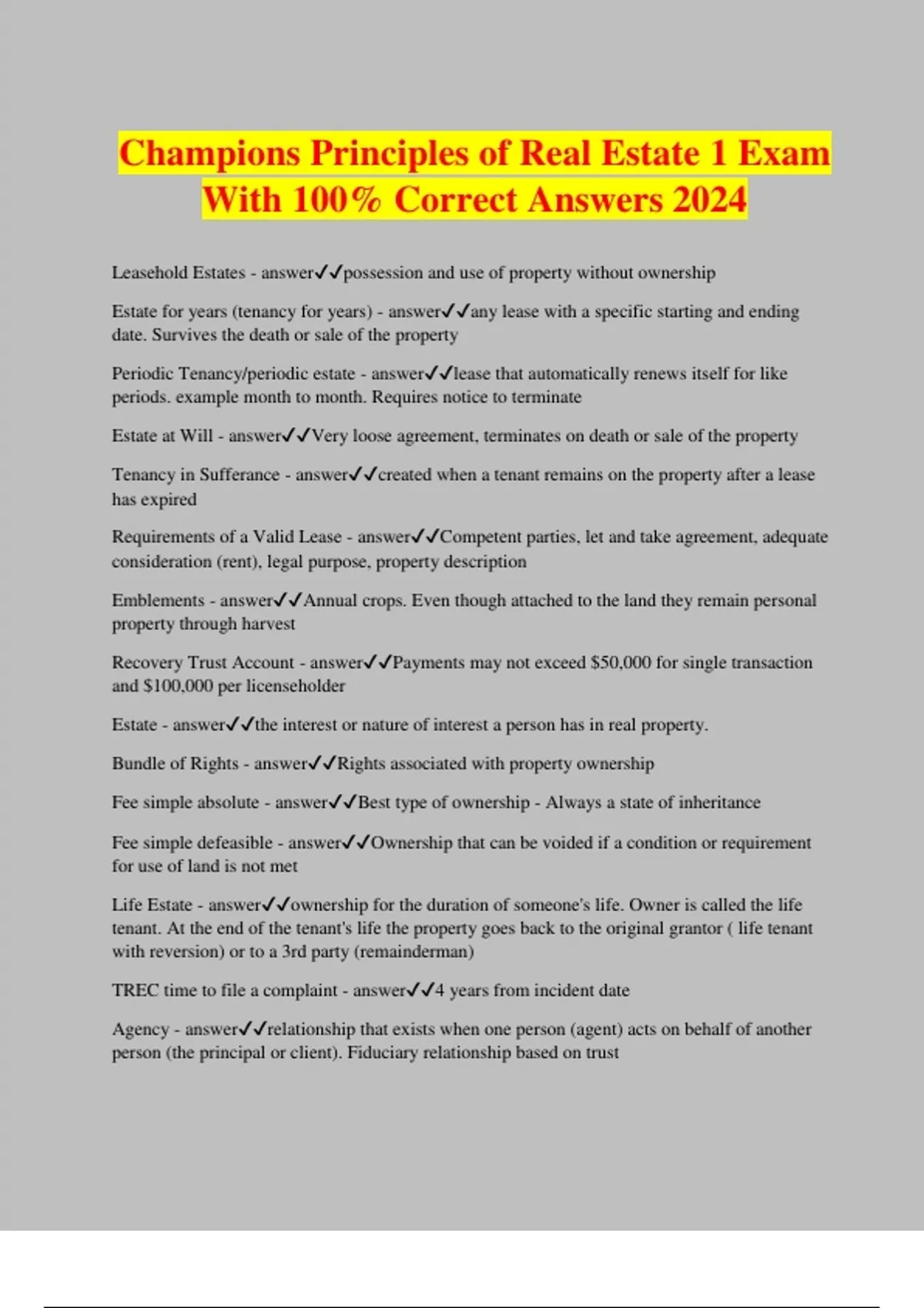 Champions Principles of Real Estate 1 Exam With 100% Correct Answers ...