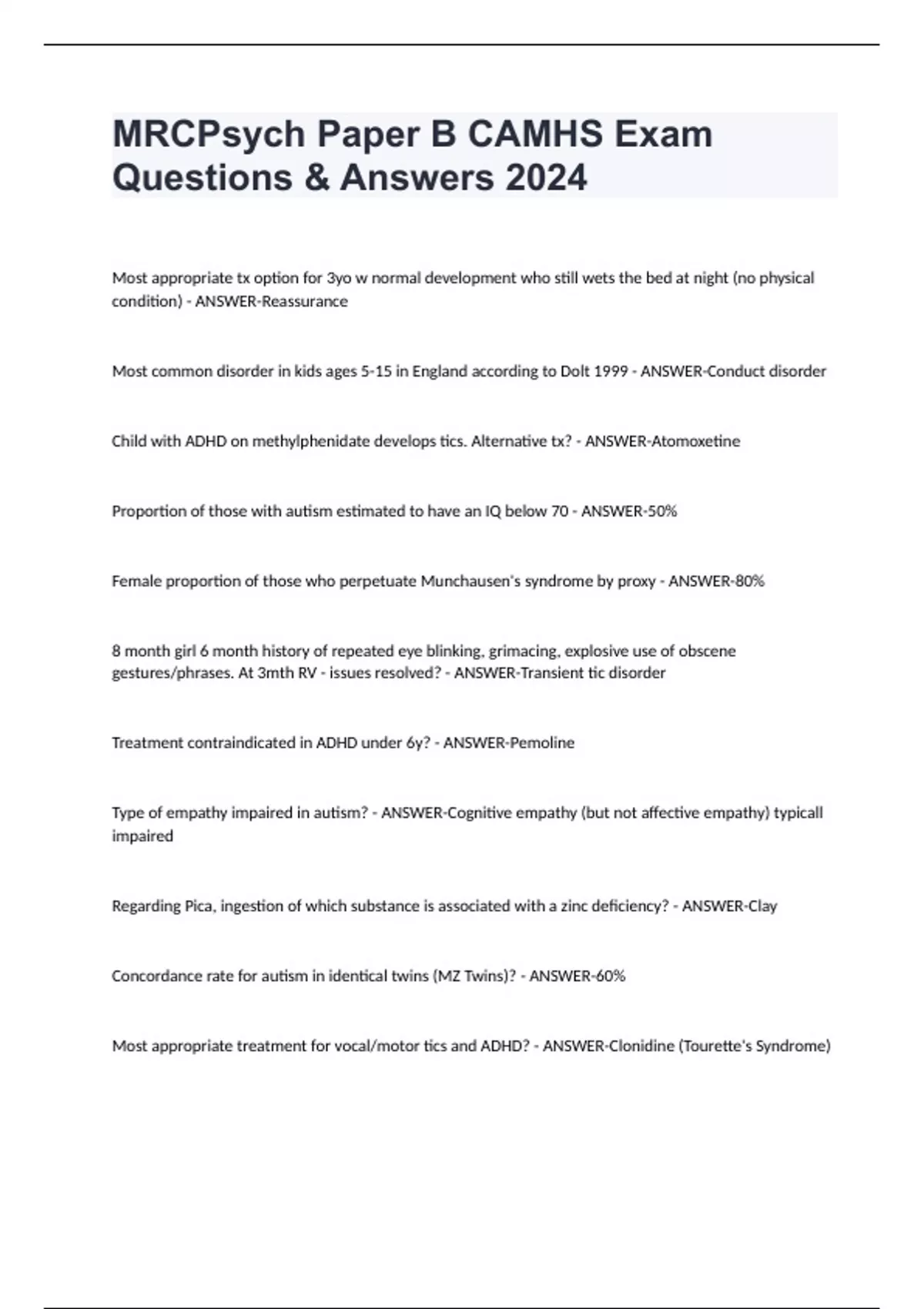 MRCPsych Paper B CAMHS Exam Questions & Answers 2024 - MRCPsych Paper B ...