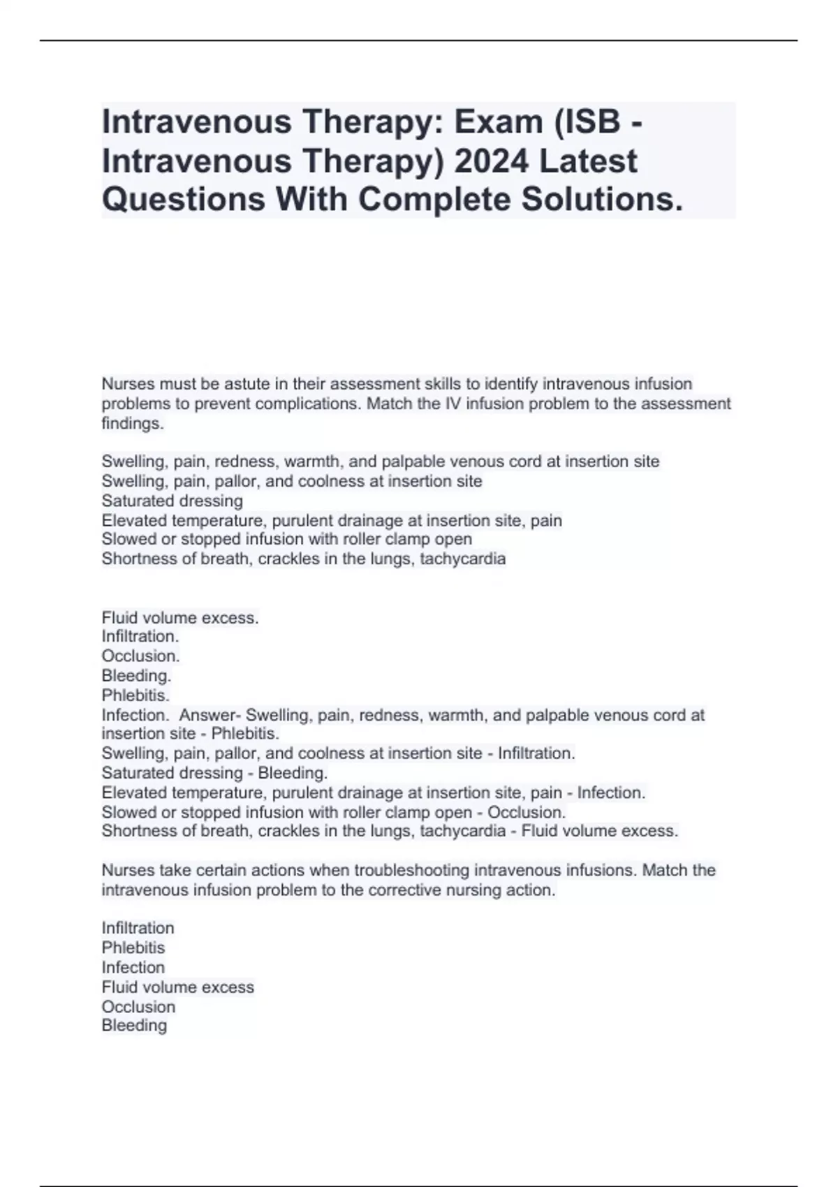 Intravenous Therapy: Exam (ISB - Intravenous Therapy) 2024 Latest ...