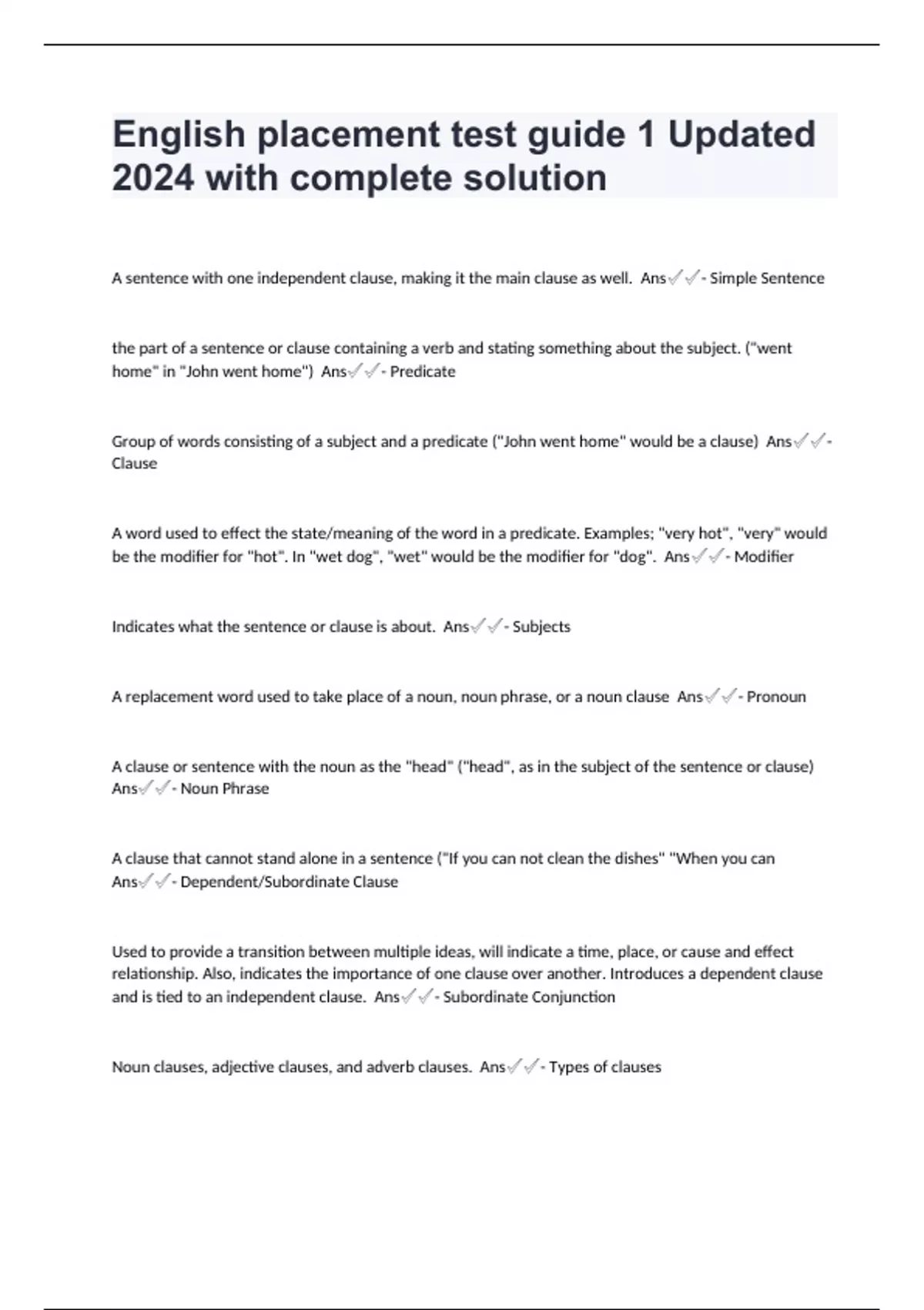 English placement test guide 1 Updated 2024 with complete solution ...