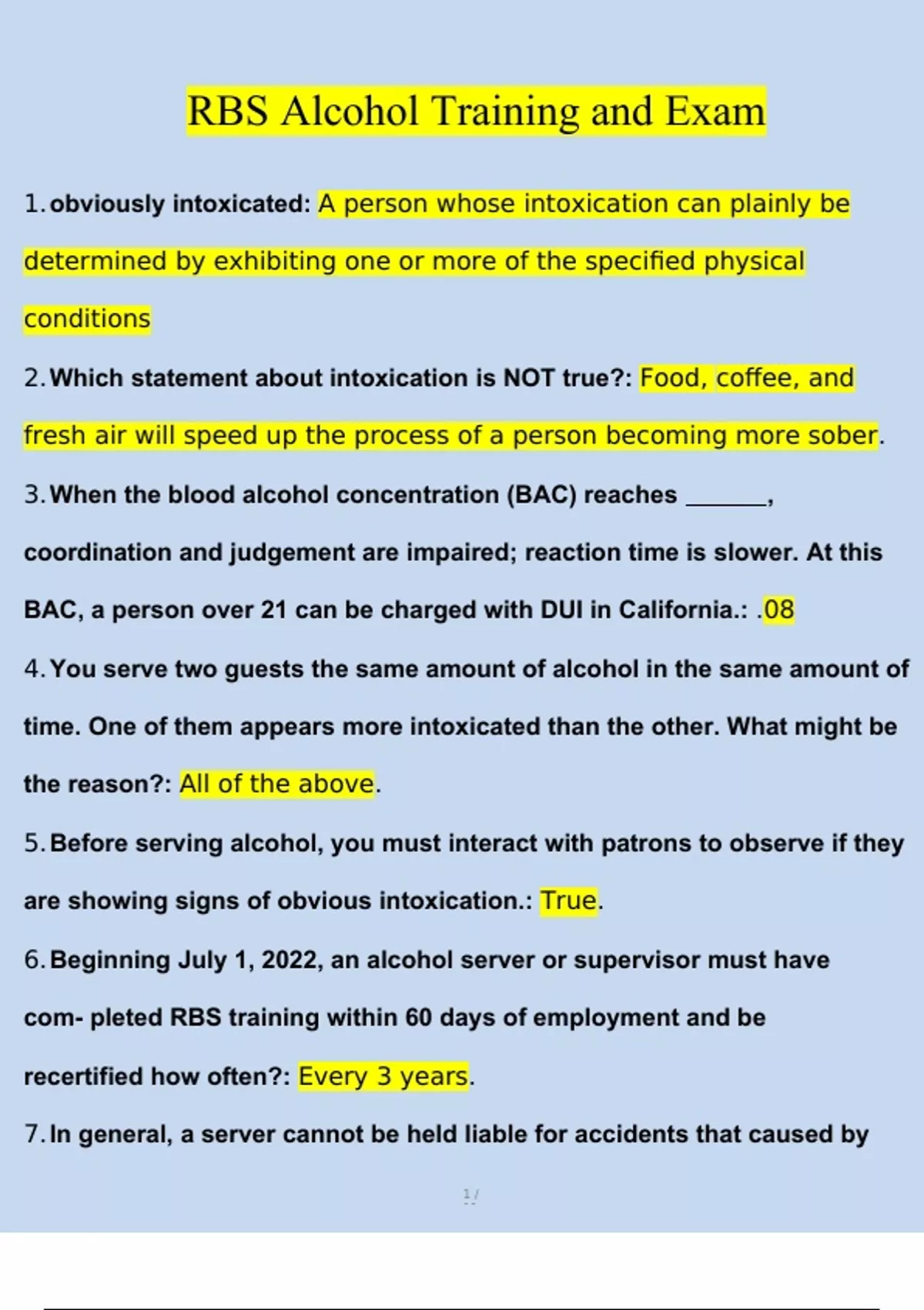 RBS Alcohol Training and Exam | Questions with 100% Correct Answers ...