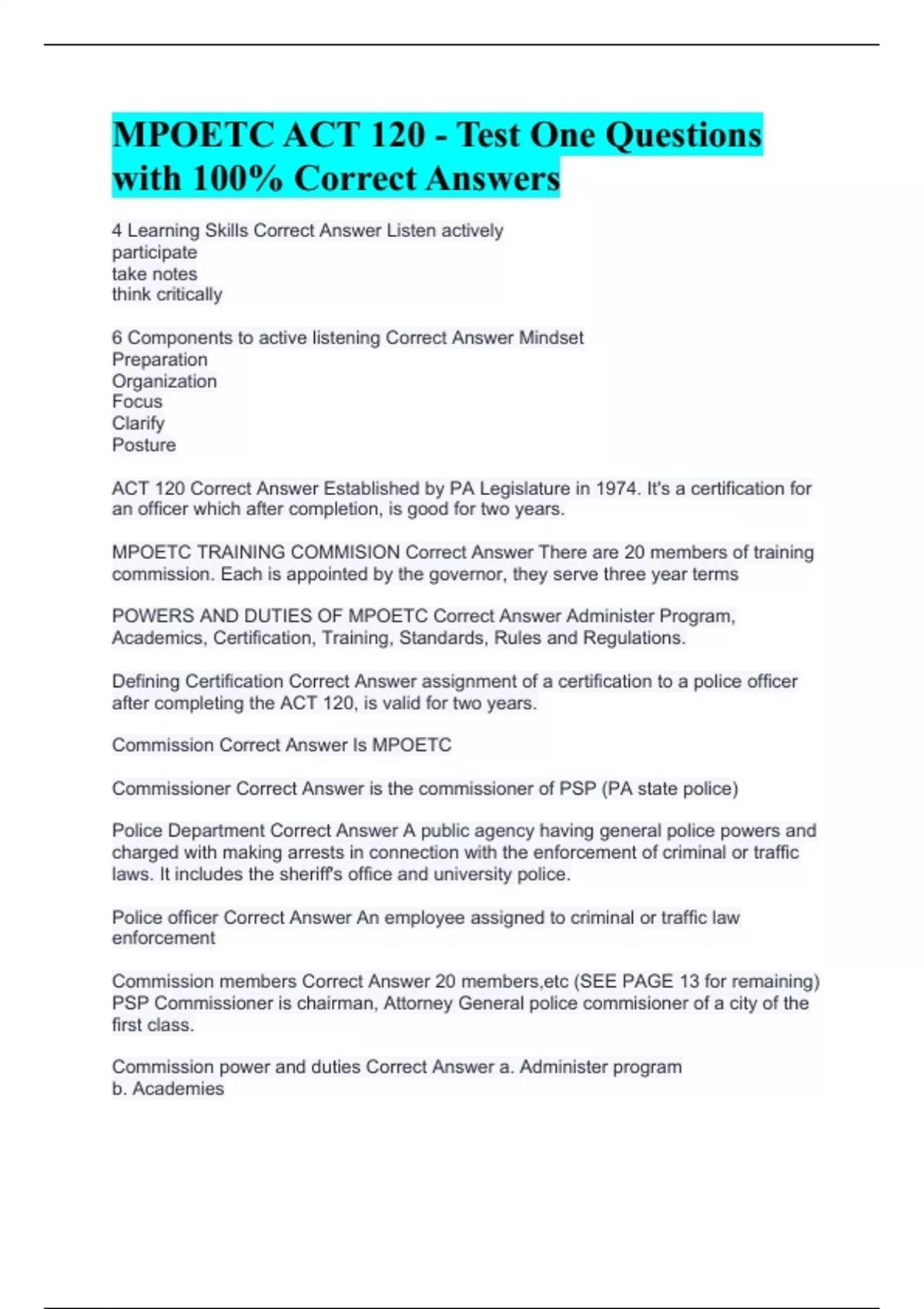 MPOETC ACT 120 - Test One Questions with 100% Correct Answers - MPOETC ...