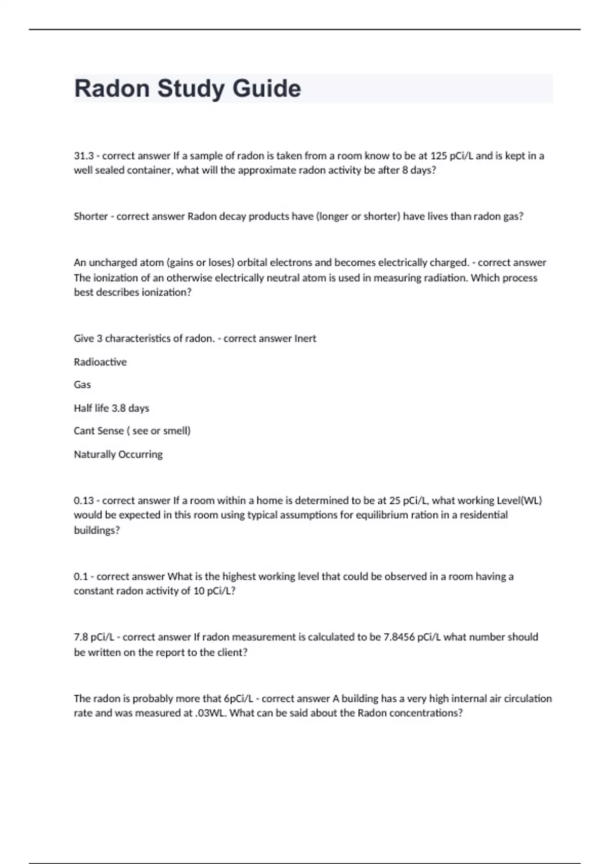 Radon Study Guide Question and answers 100% correct 2023/2024 - RANDON ...