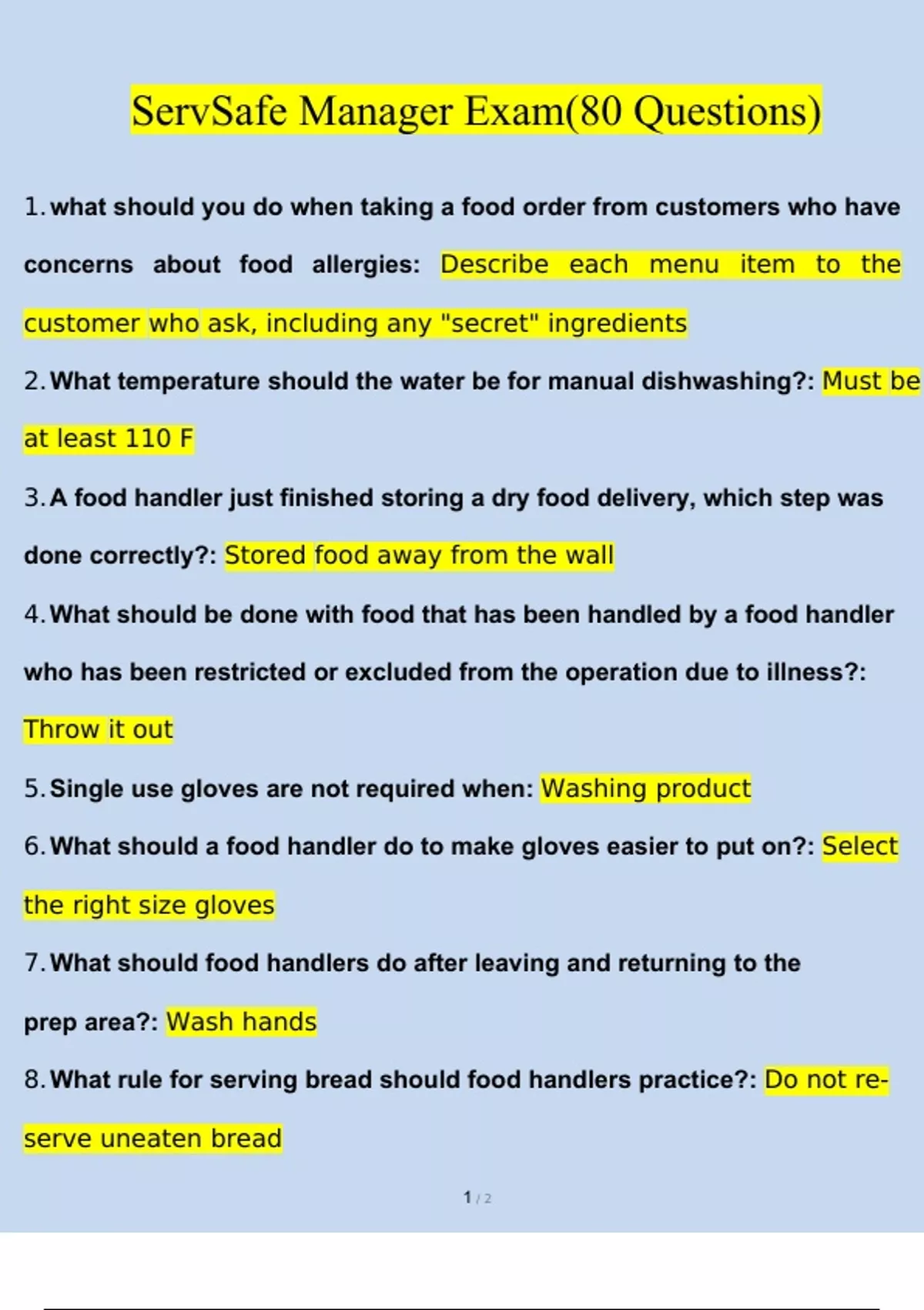 ServSafe Manager Exam 80 Questions Questions With 100 Correct ServSafe Manager Exam 80 Questions Questions With 100 Correct