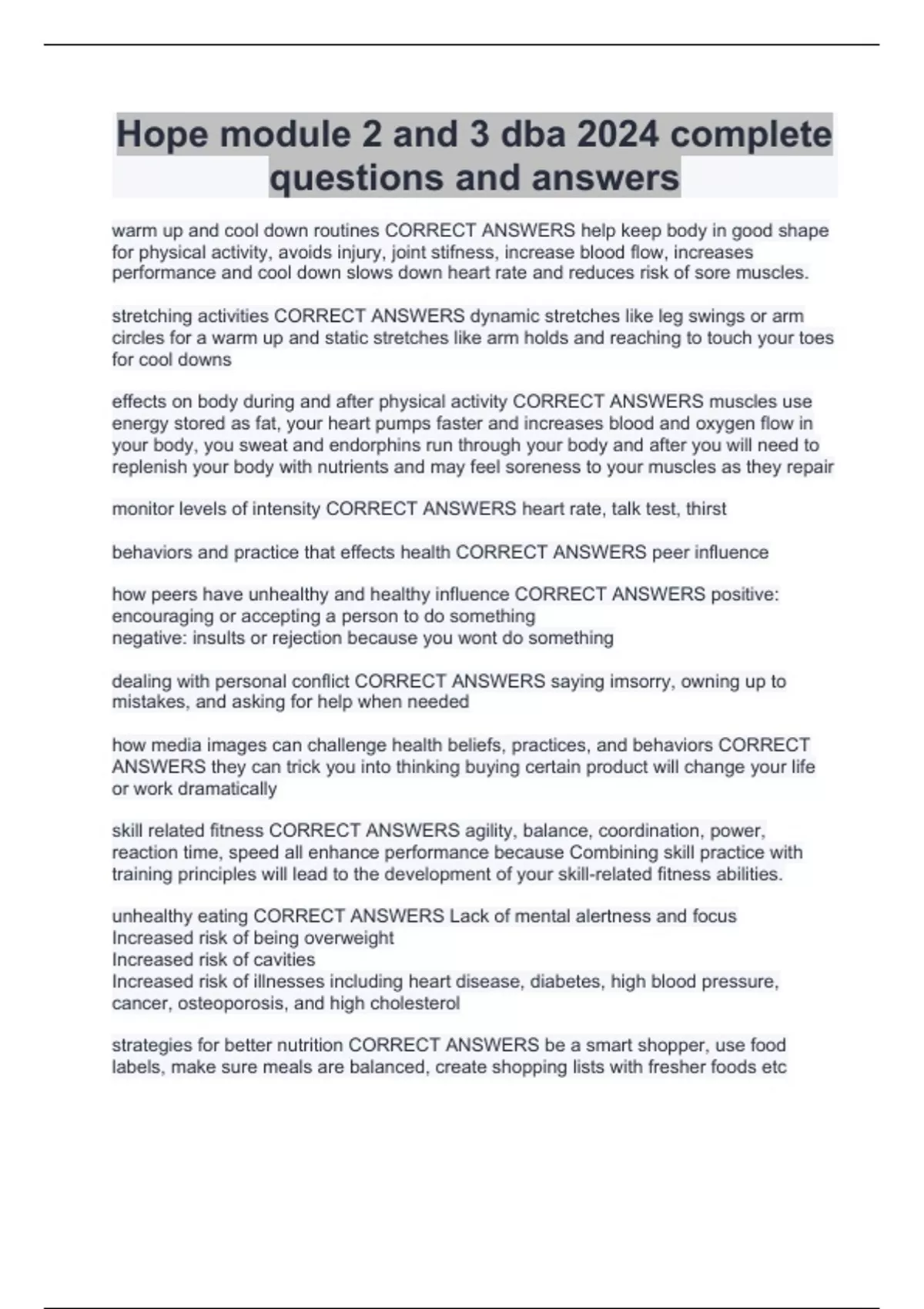 Hope module 2 and 3 dba 2024 complete questions and answers - HOPE - Stuvia US