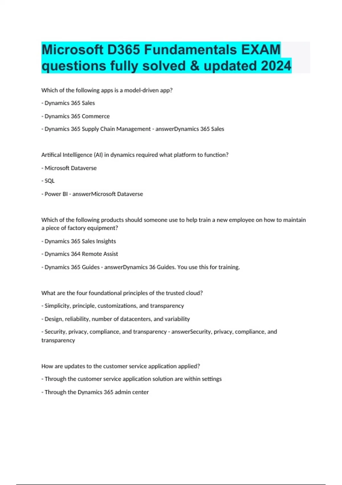 Microsoft D365 Fundamentals EXAM questions fully solved & updated 2024 ...