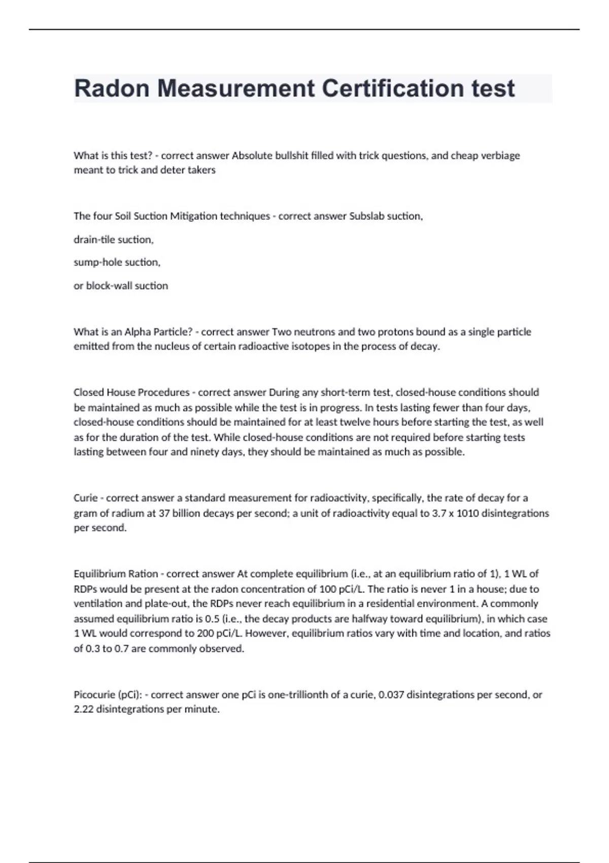 Radon Measurement Certification test Question and answers 100% correct ...