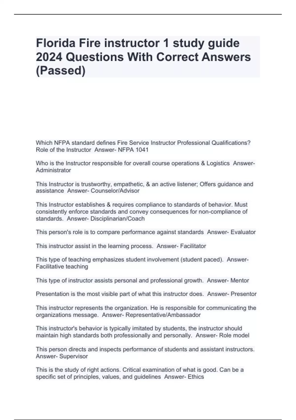 Florida Fire instructor 1 study guide 2024 Questions With Correct ...