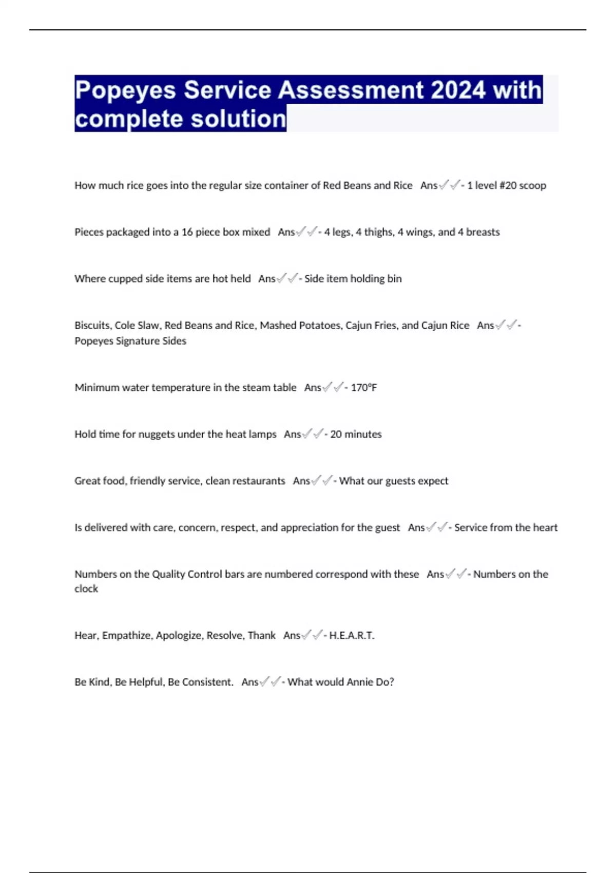 Popeyes Service Assessment 2024 with complete solution - Popeyes ...