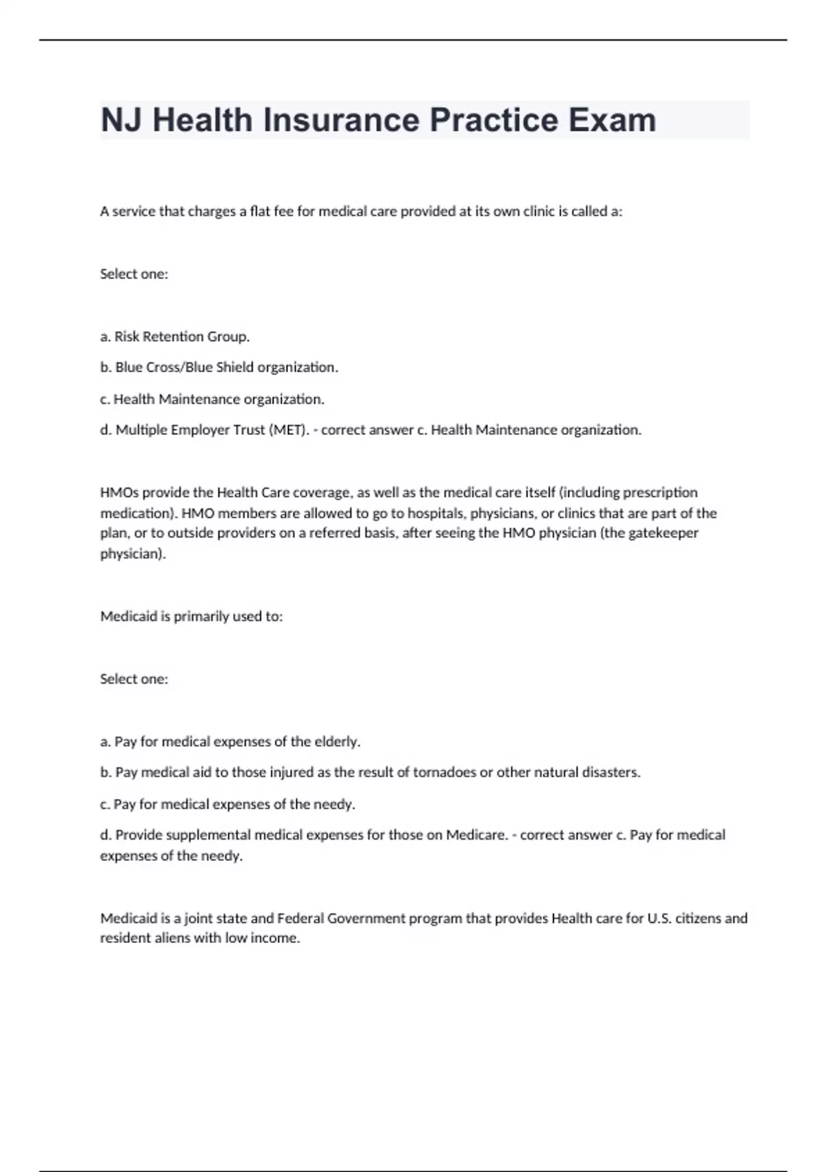 NJ Health Insurance Practice Exam Question and answers 2023/2024 verified to pass - NJ CALA ...