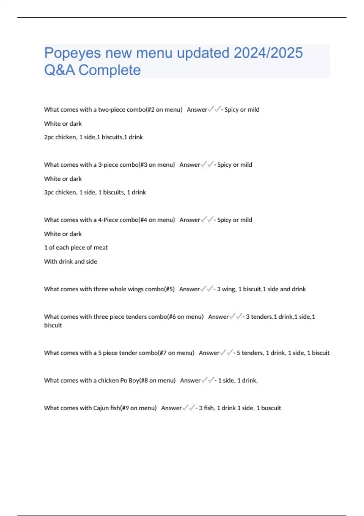 Popeyes new menu updated 2024/2025 Q&A Complete - Popeyes - Stuvia US