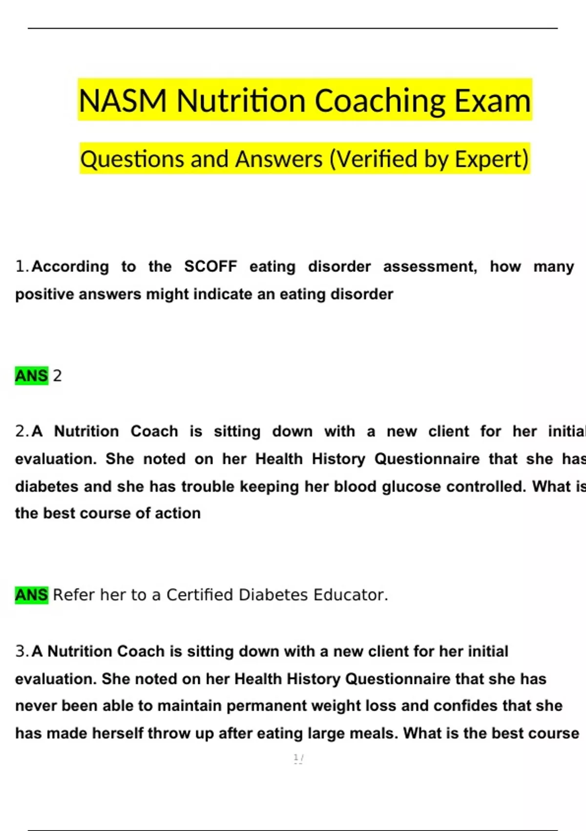 NASM Nutrition Coaching Exam Questions and Answers (2024 / 2025 ...