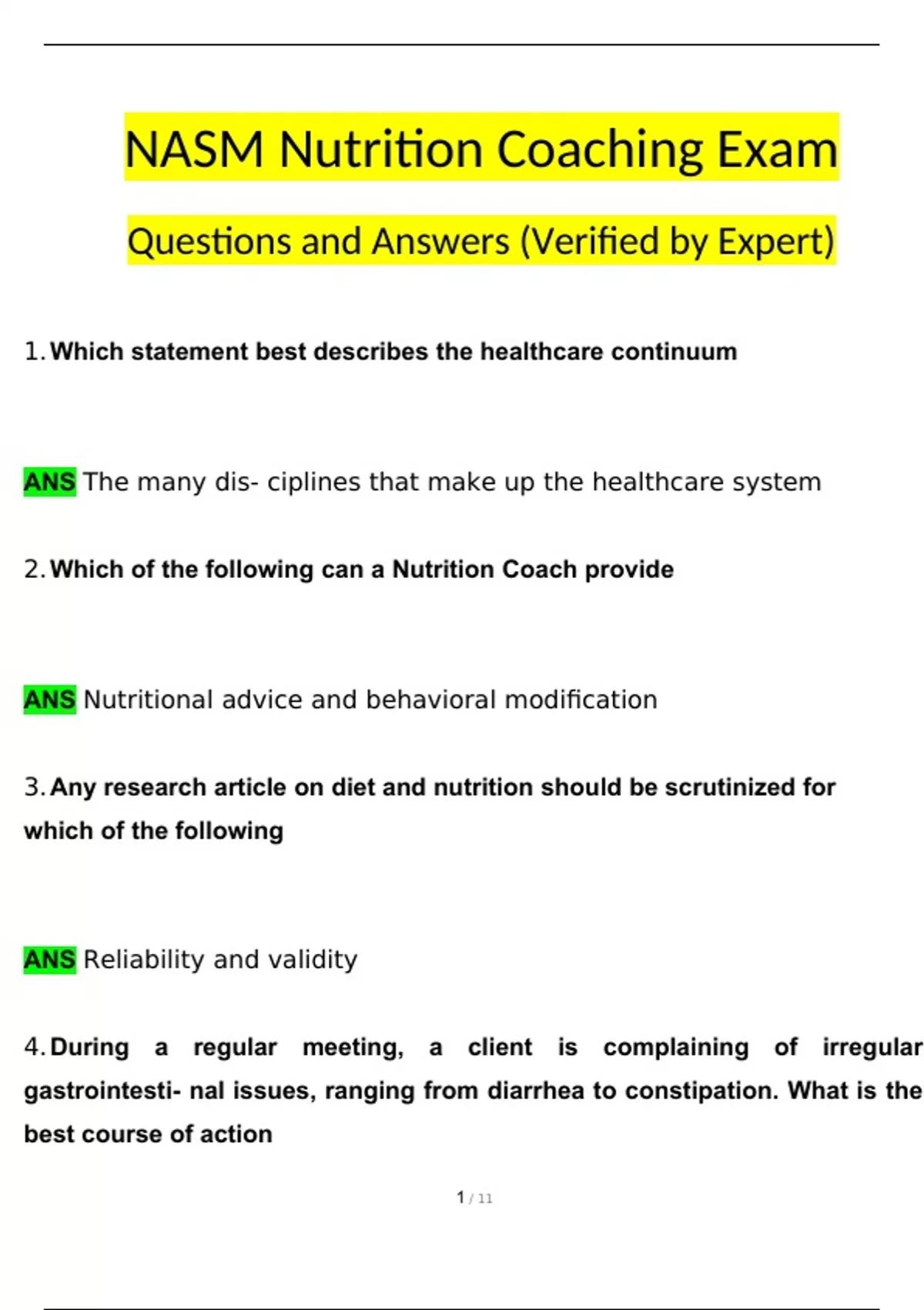 NASM Nutrition Coaching Exam Questions and Answers (2024 / 2025 ...