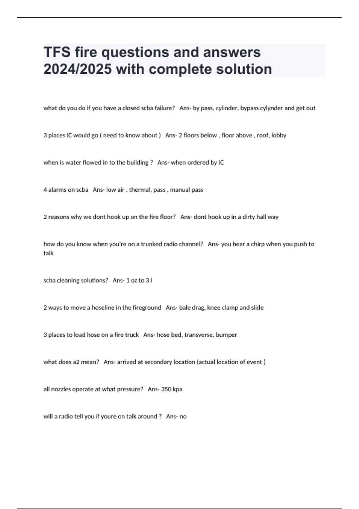 TFS fire questions and answers 2024/2025 with complete solution - TFS ...