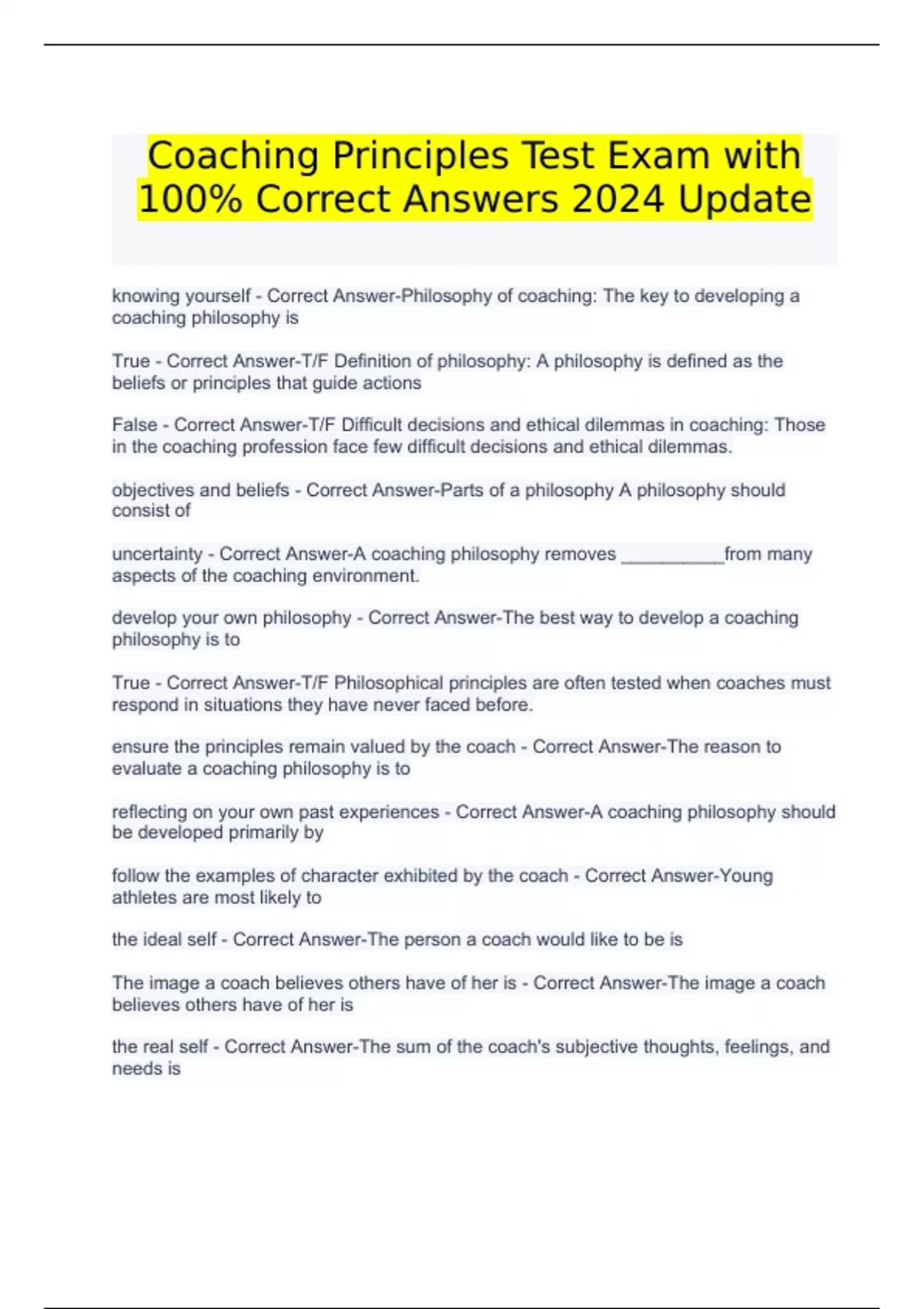Coaching Principles Test Exam with 100% Correct Answers 2024 Update ...