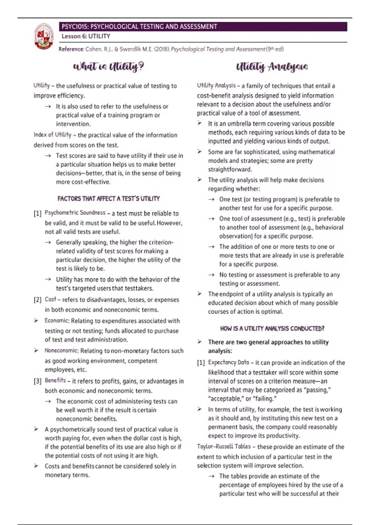 Psychological Assessment - Utility - PSYCH - Stuvia US