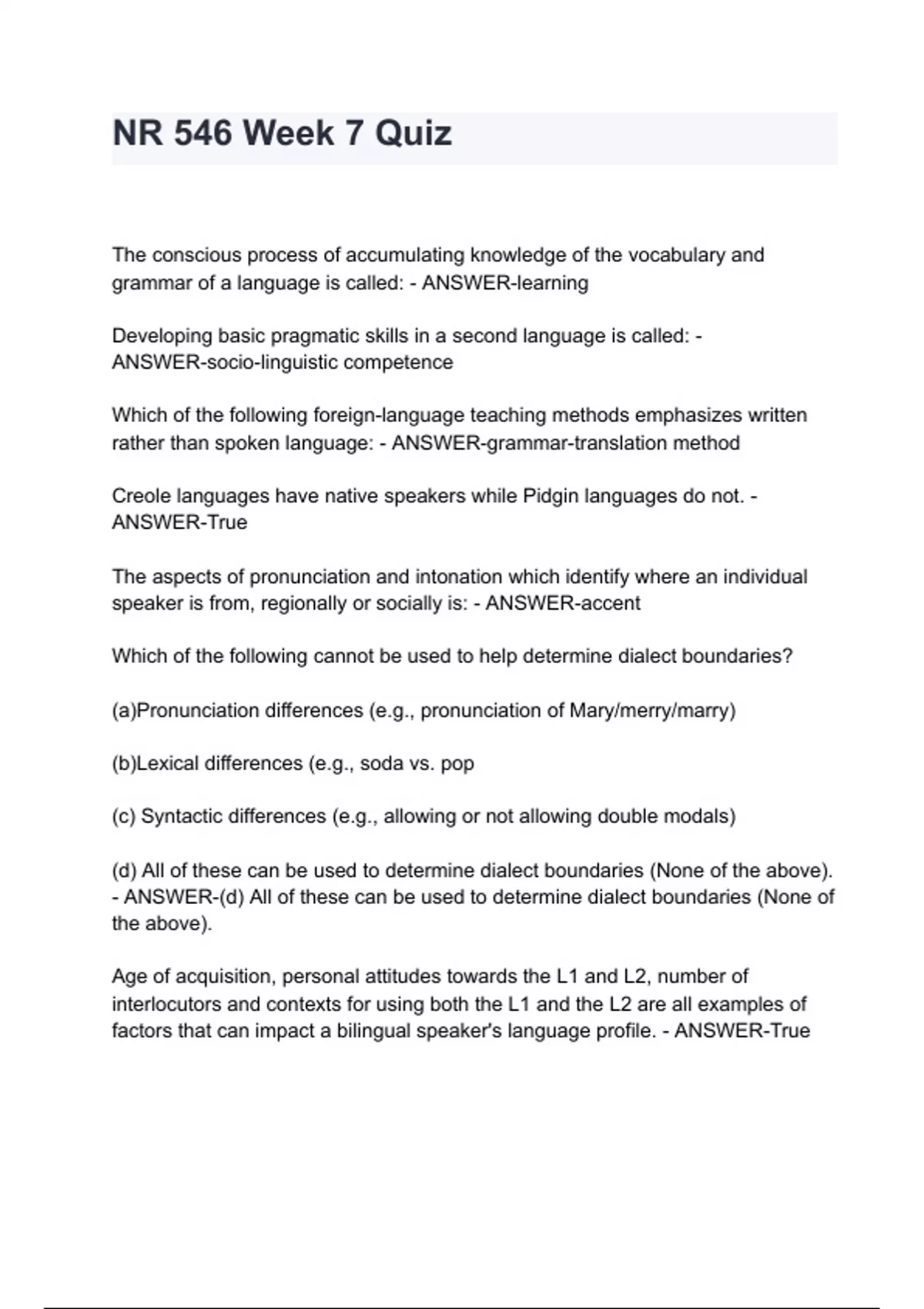 NR 546 Week 7 Quiz with correct answers - NR 546 W 7 Qiz - Stuvia US