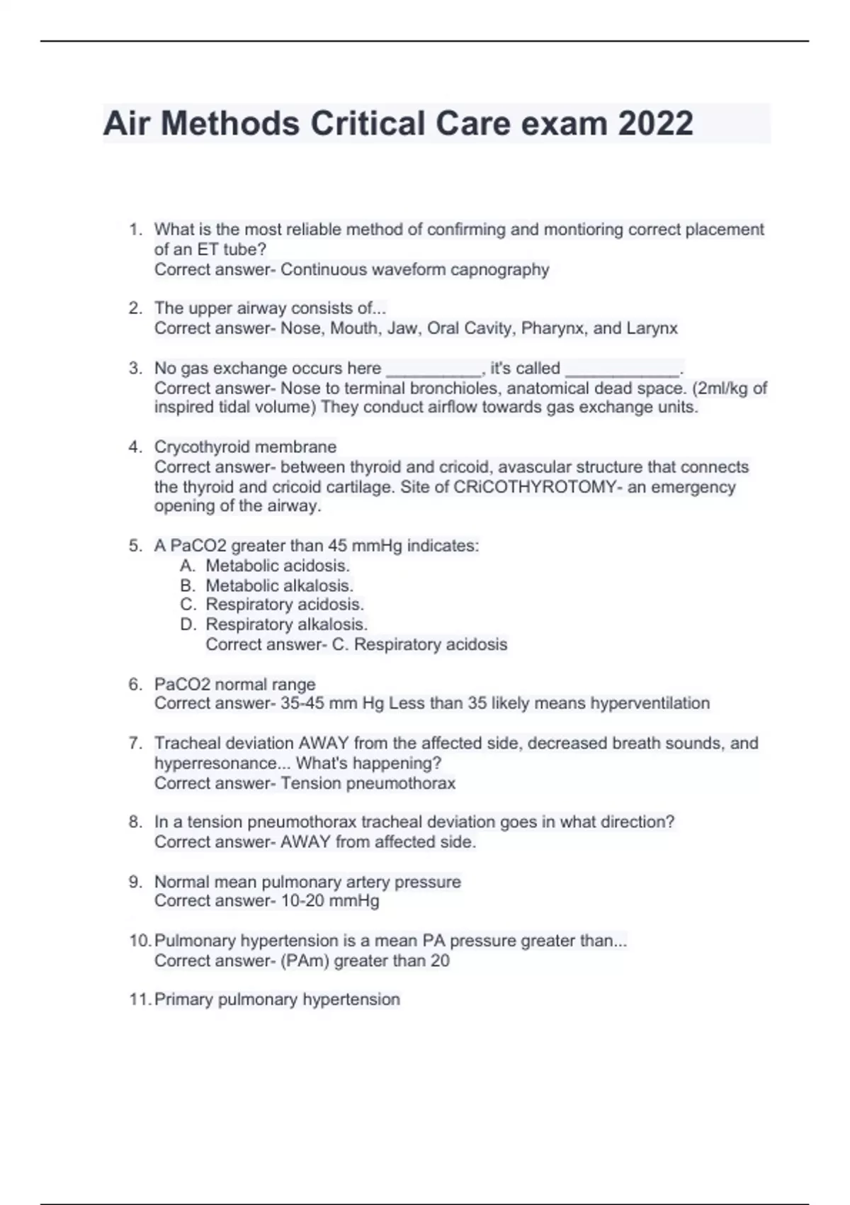 Air Methods Critical Care exam 2024 questions and answers complete ...