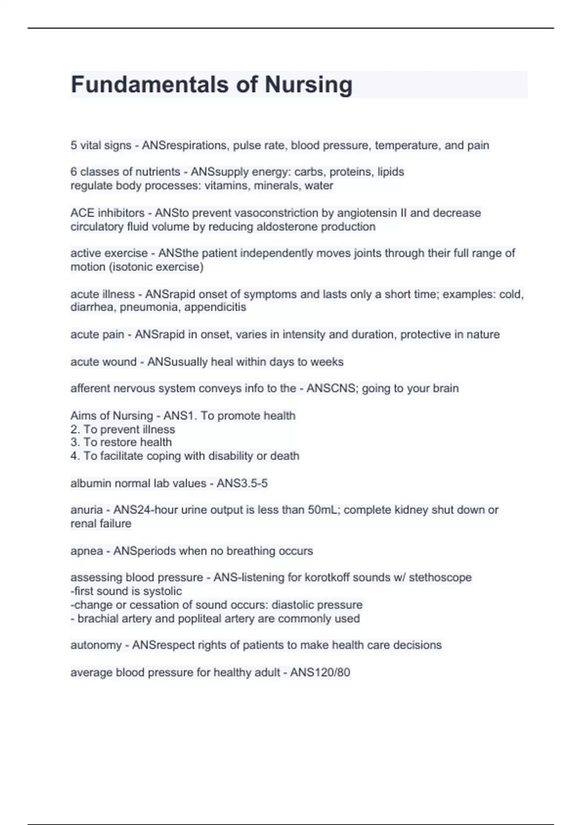 Fundamentals of Nursing.LATEST 2024 - Nursing assessment - Stuvia US