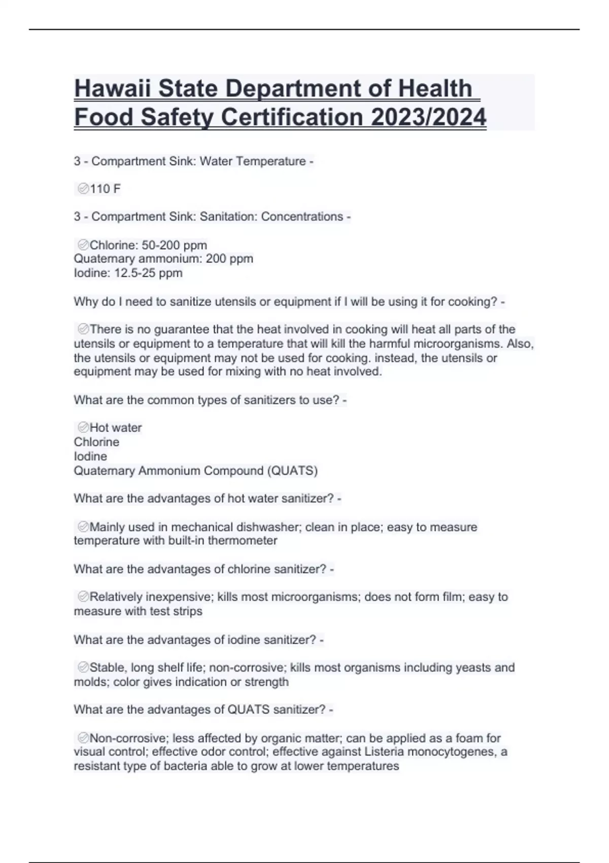 Hawaii State Department of Health Food Safety Certification 2023/ 2024 ...