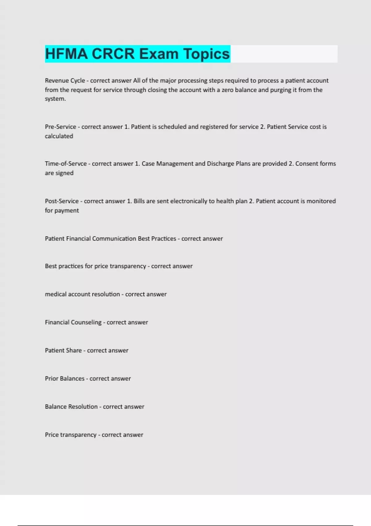 HFMA CRCR Exam Topics exam question and answer latest update - HFMA ...
