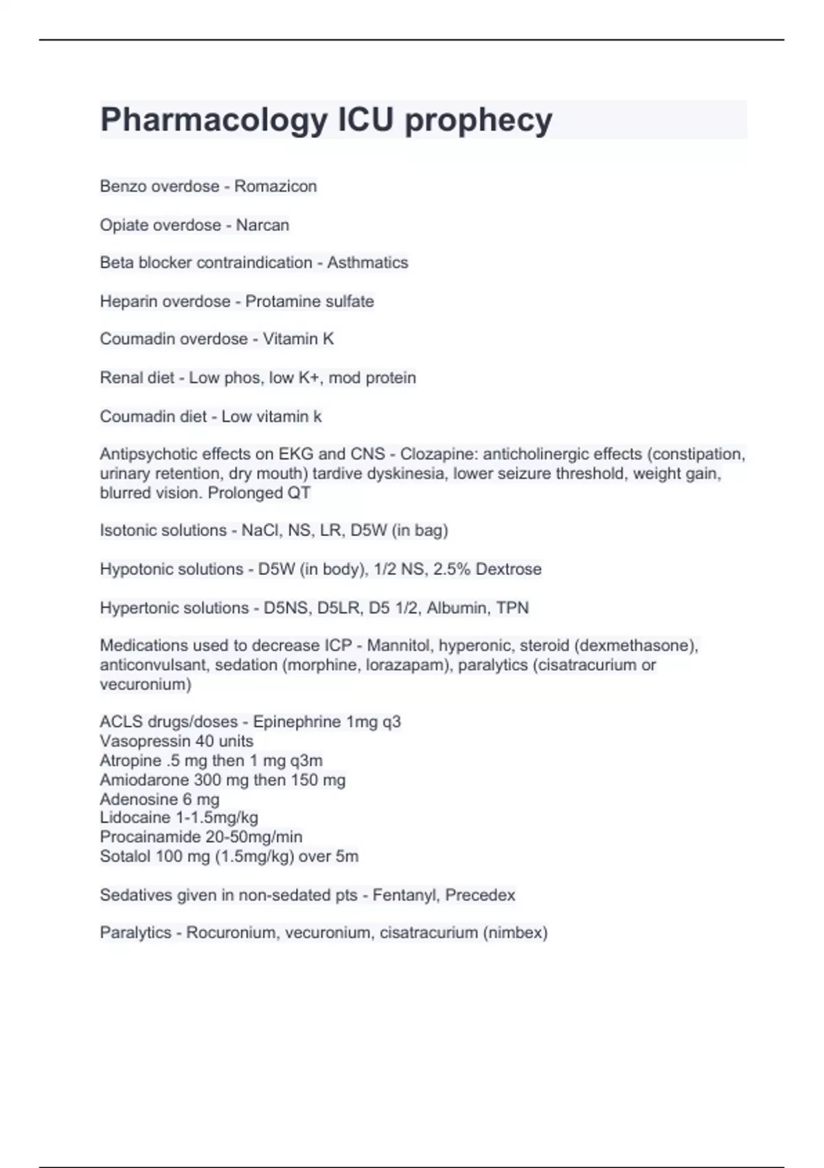 Pharmacology ICU prophecy 2024 Complete Guide - Nursing - Stuvia US