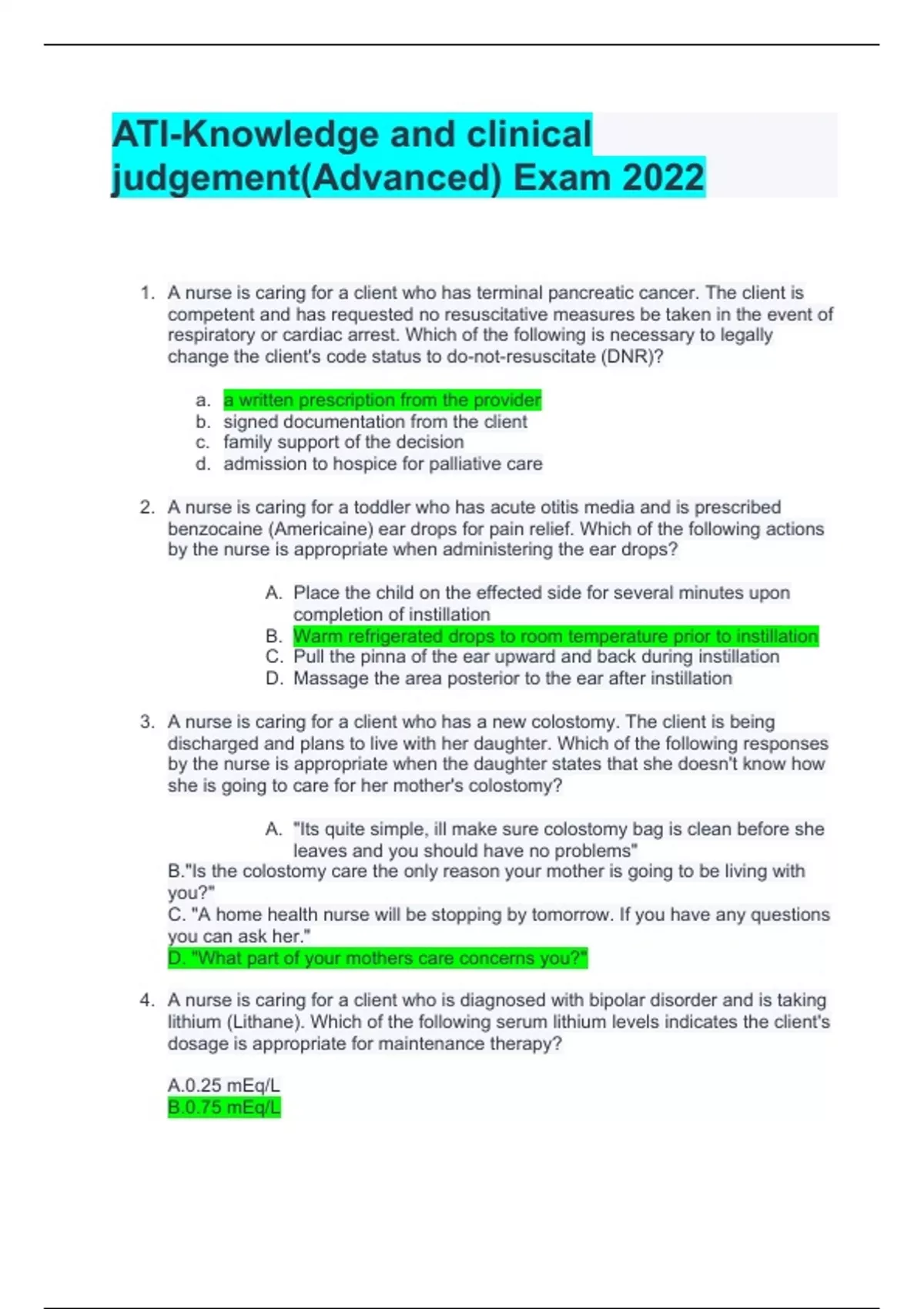 ATI-Knowledge and clinical judgement(Advanced) Exam 2024 with complete ...