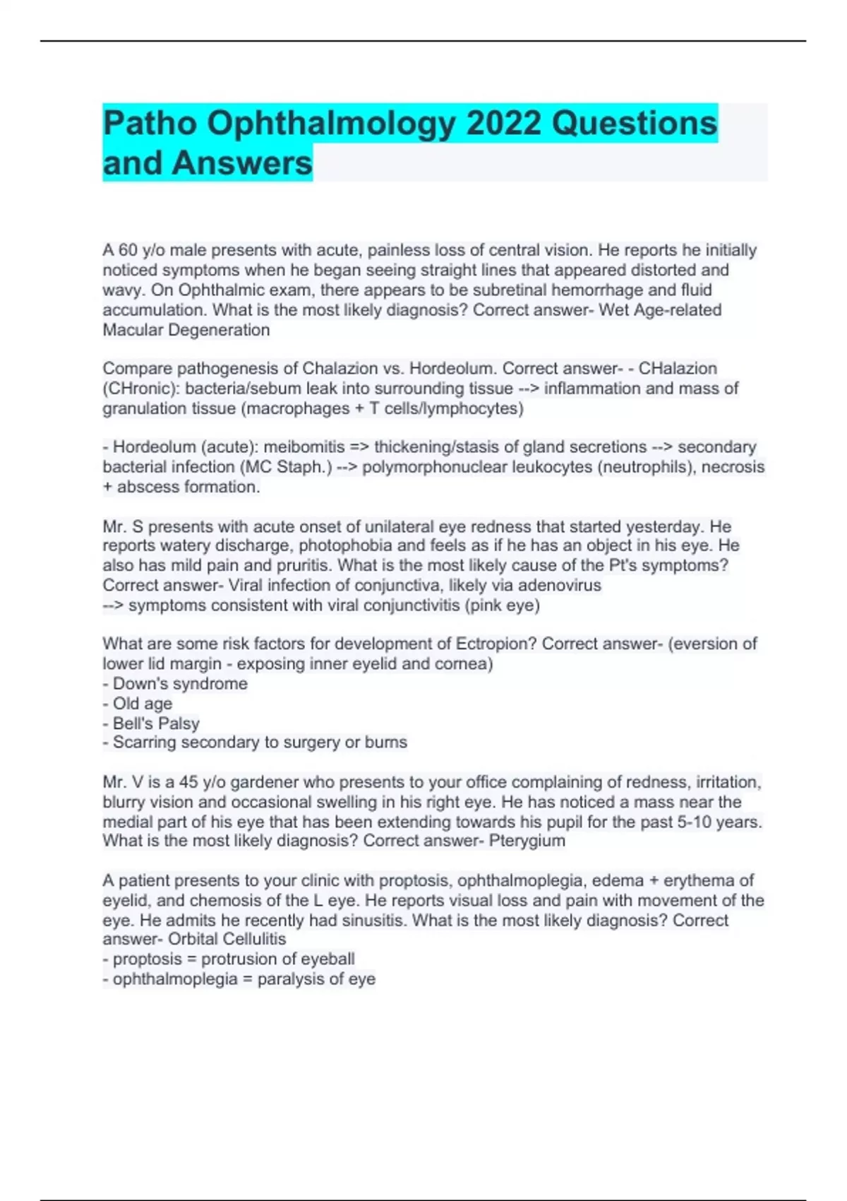 Patho Ophthalmology 2024 Questions and Answers - Nursing - Stuvia US