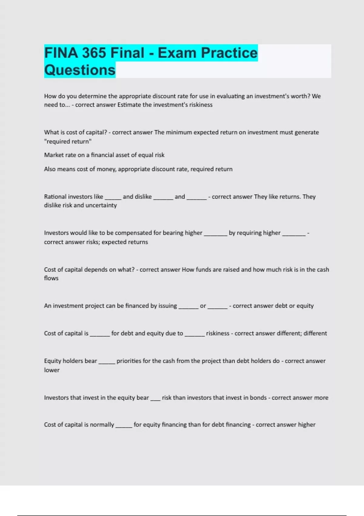 FINA 365 Final - Exam Practice Questions and answer latest update ...