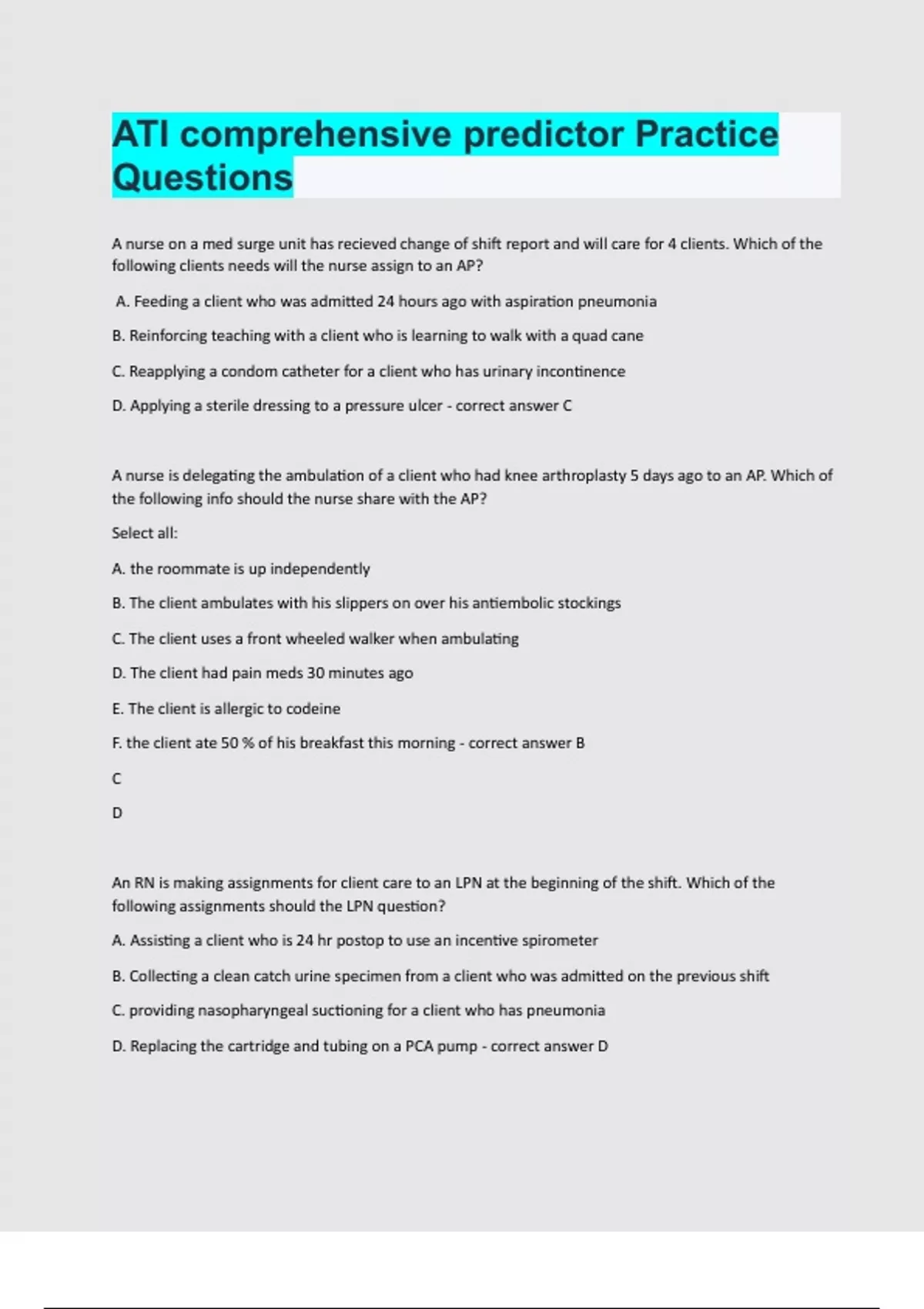 ATI comprehensive predictor Practice Questions exam question and answer ...