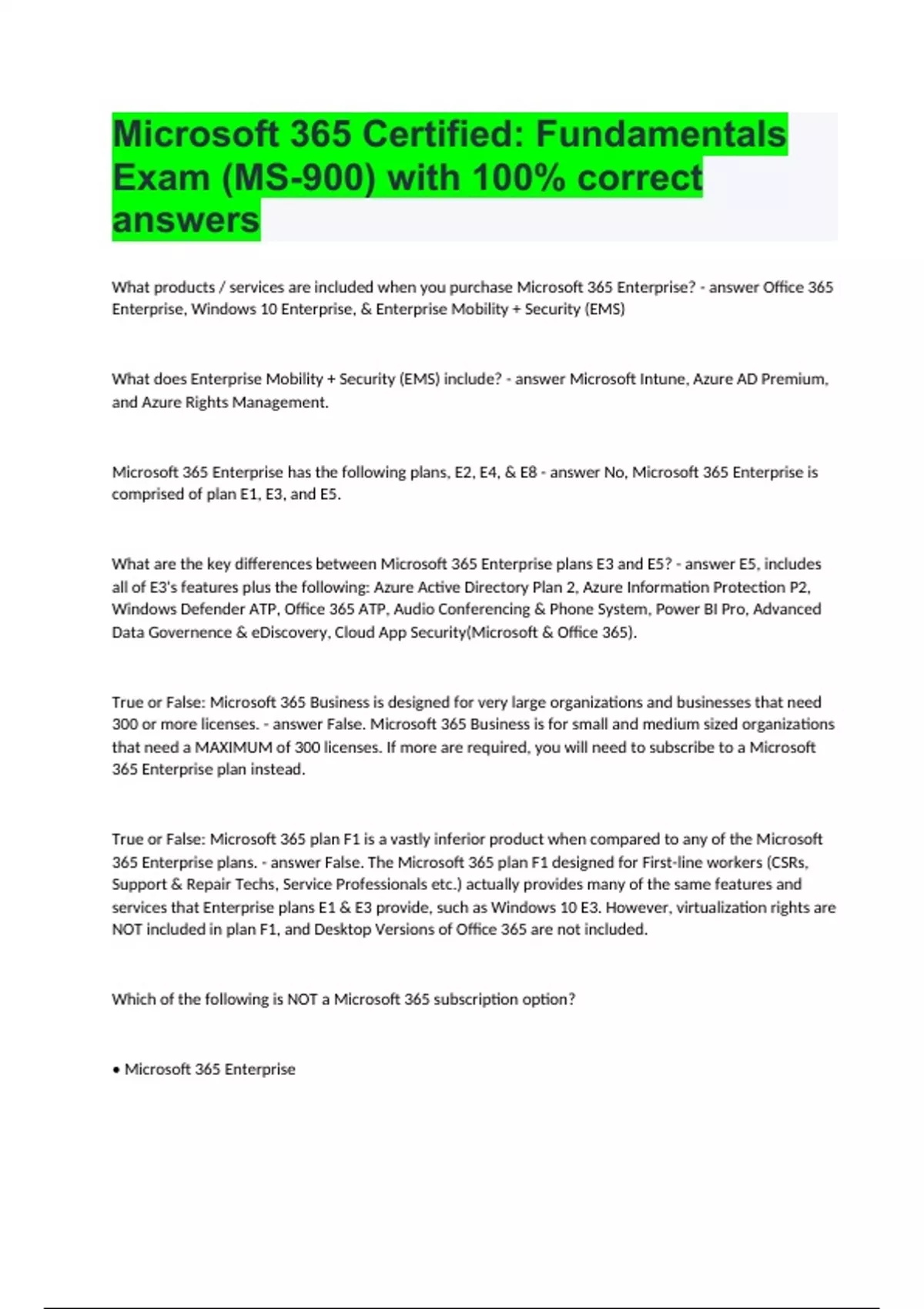 Microsoft 365 Certified: Fundamentals Exam (MS-900) with 100% correct ...