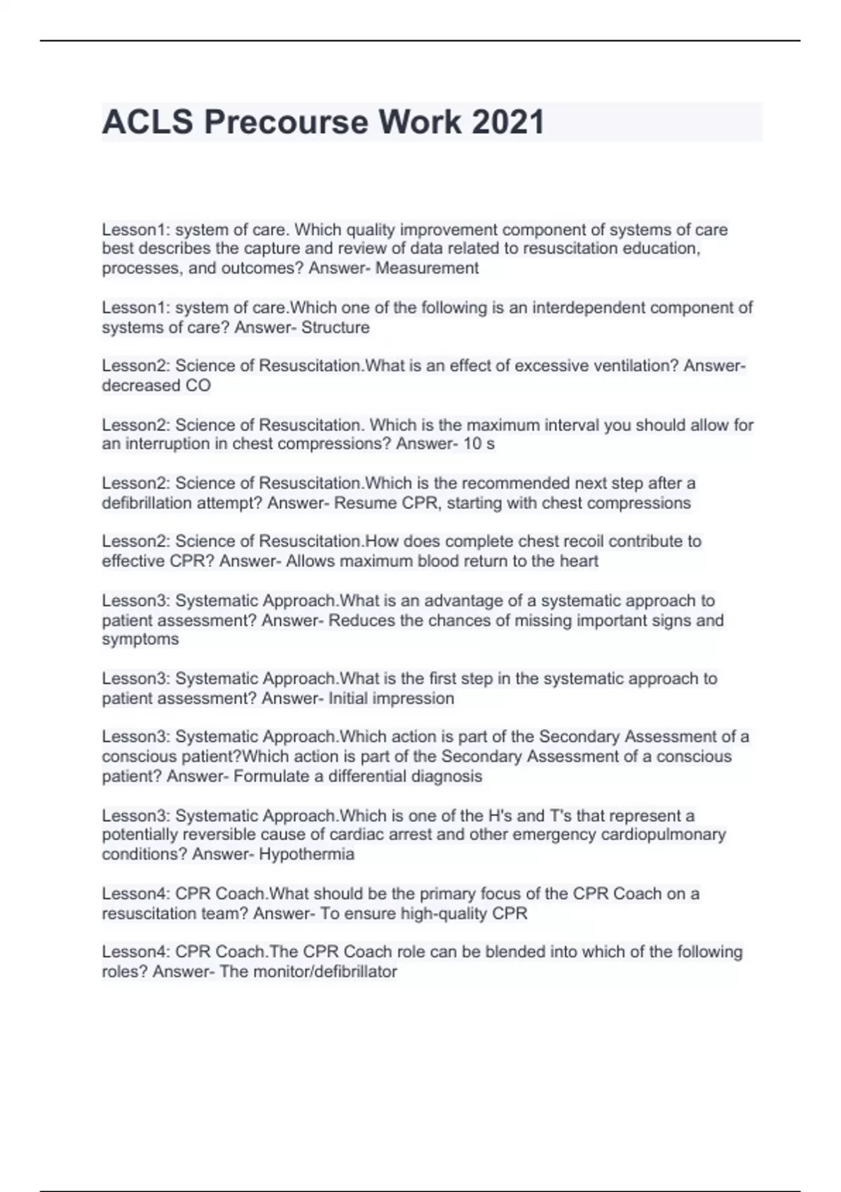 ACLS Precourse Work 2024 with complete solution - Nursing - Stuvia US