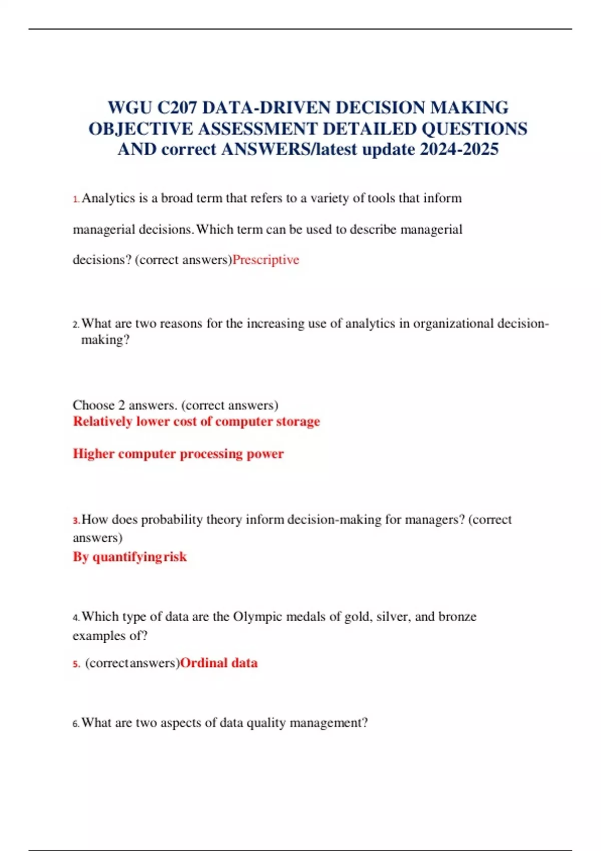 WGU C207 DATA-DRIVEN DECISION MAKING OBJECTIVE ASSESSMENT DETAILED ...