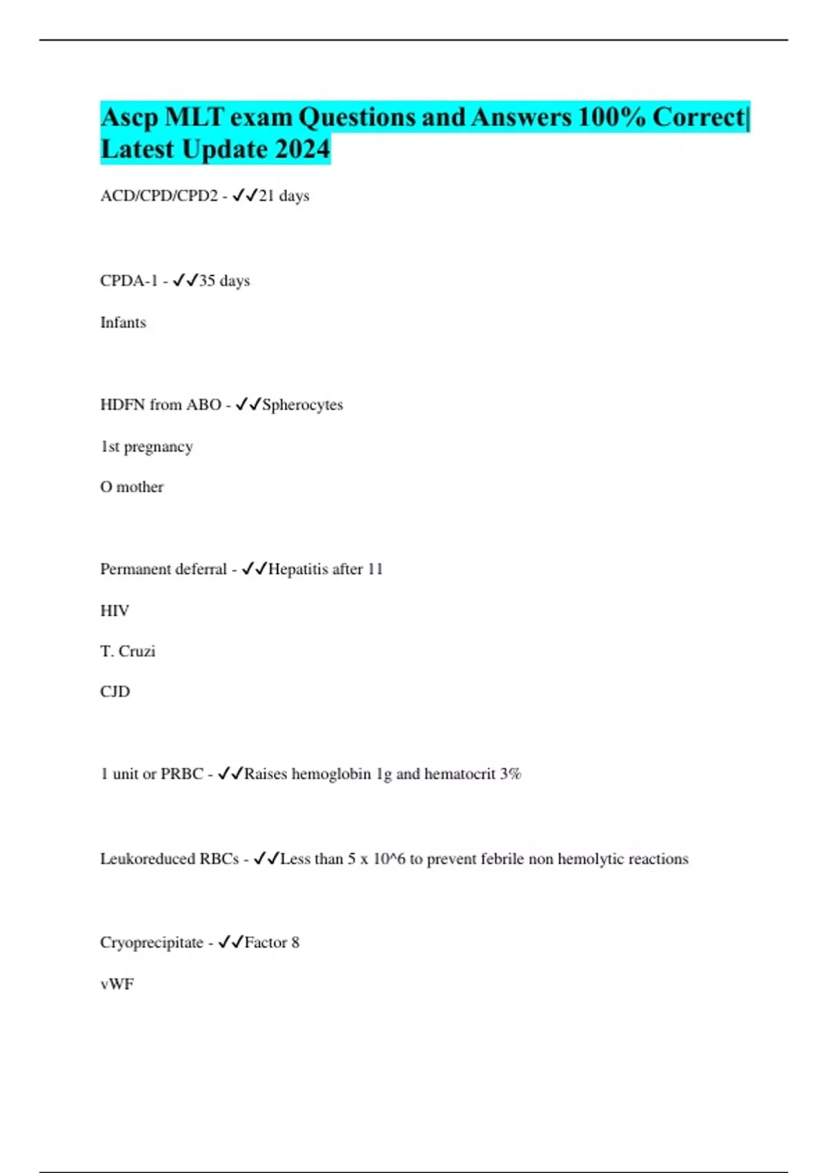 Ascp MLT exam Questions and Answers 100% Correct| Latest Update 2024 ...