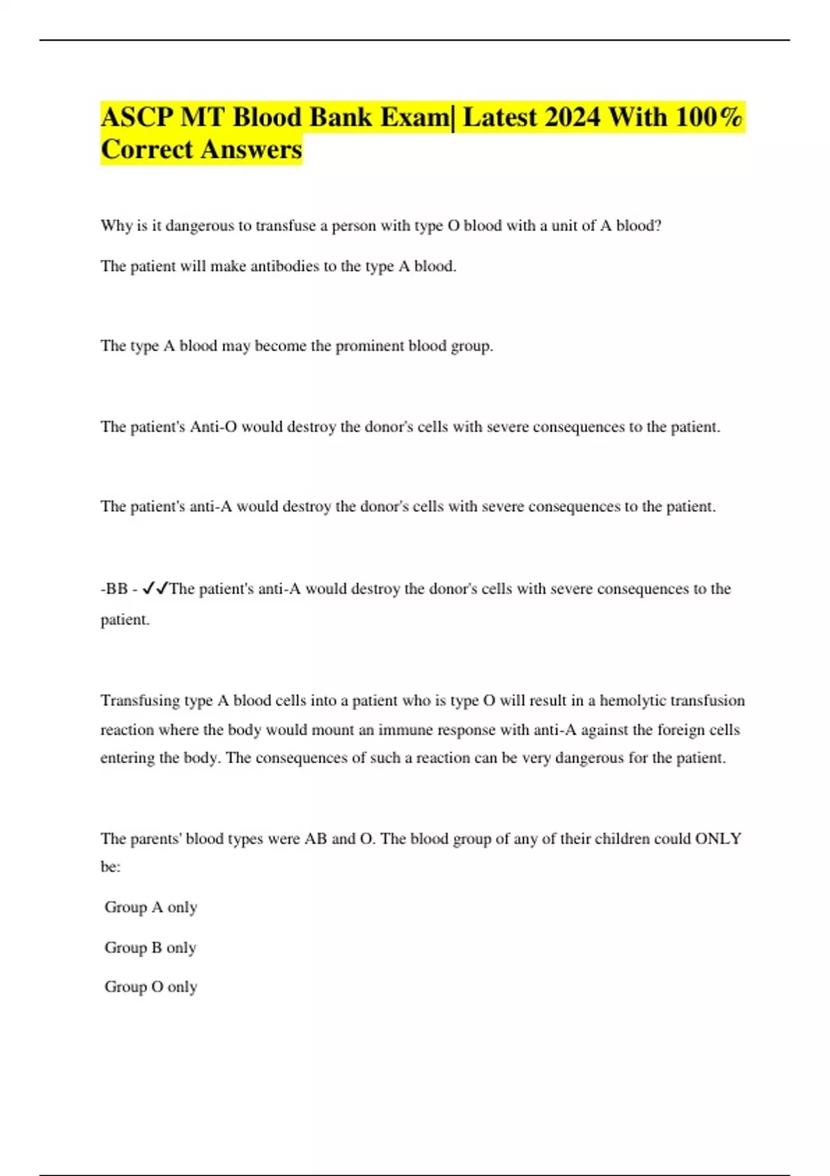 ASCP MT Blood Bank Exam| Latest 2024 With 100% Correct Answers - ASCP ...