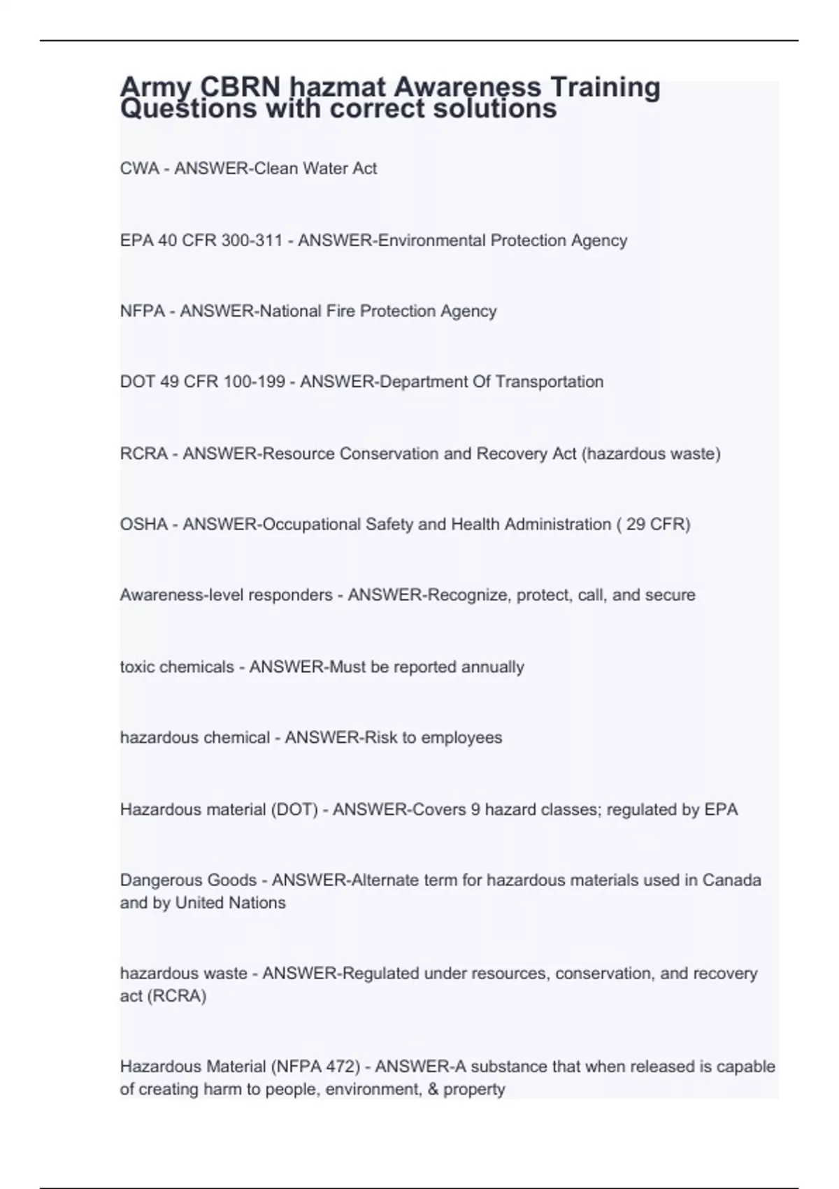 Army CBRN hazmat Awareness Training Questions with correct solutions ...