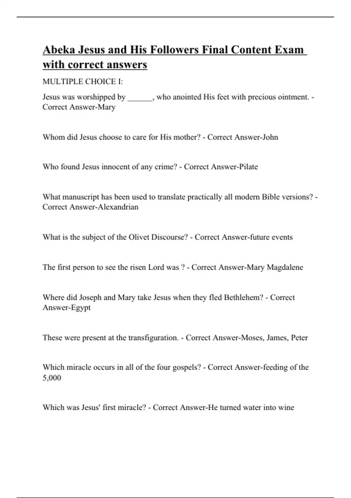 Abeka Jesus and His Followers Final Content Exam with correct answers ...