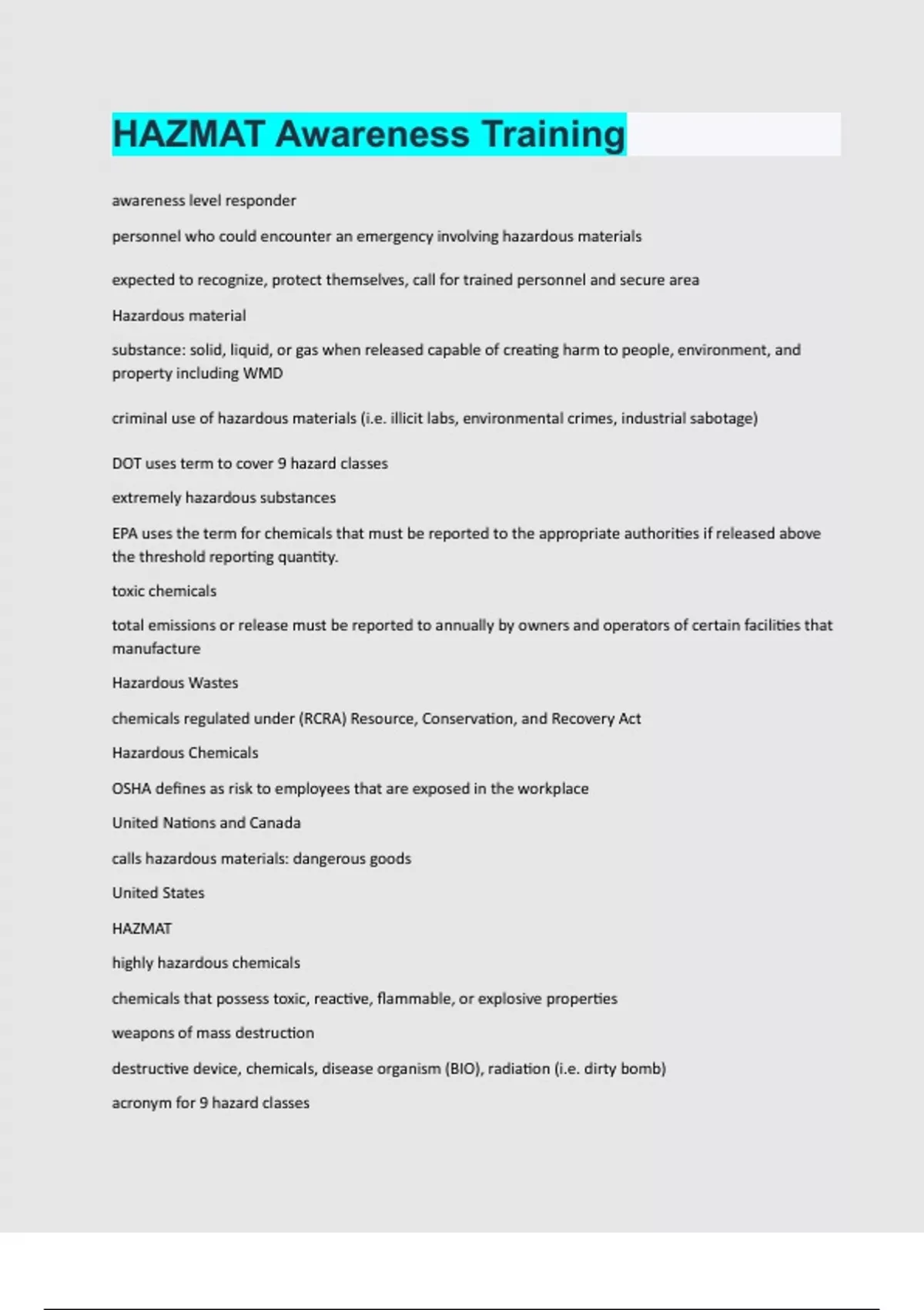 HAZMAT Awareness Training exam question and answer latest update ...