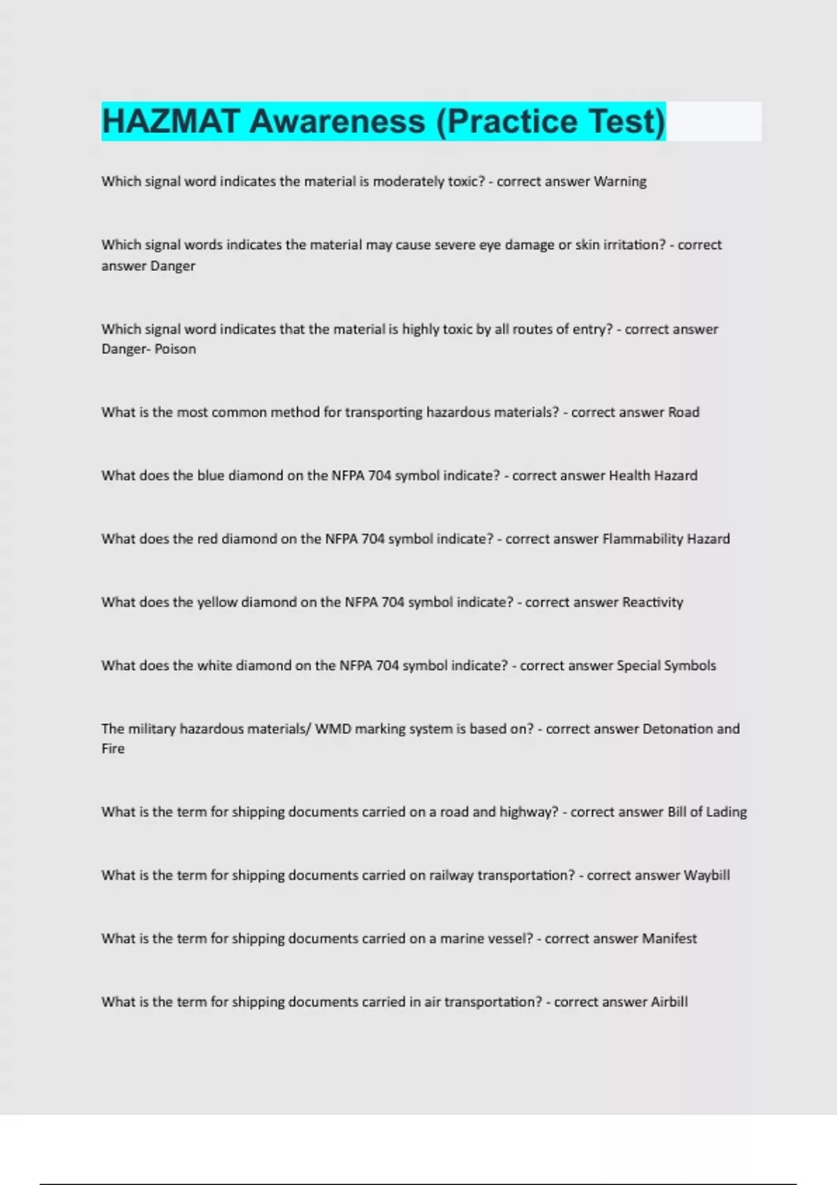 HAZMAT Awareness (Practice Test) exam question and answer latest update ...