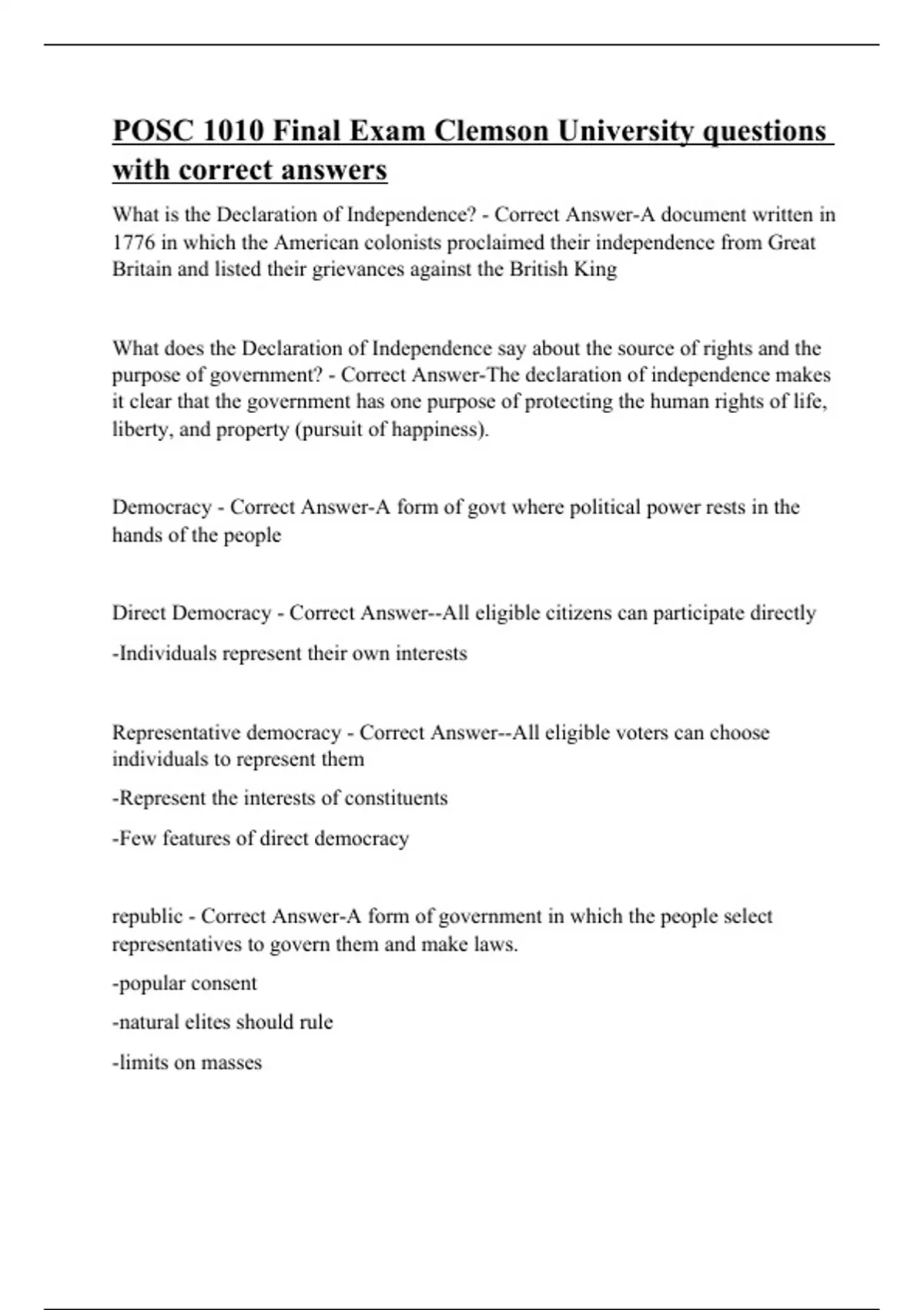 POSC 1010 Final Exam Clemson University questions with correct answers ...
