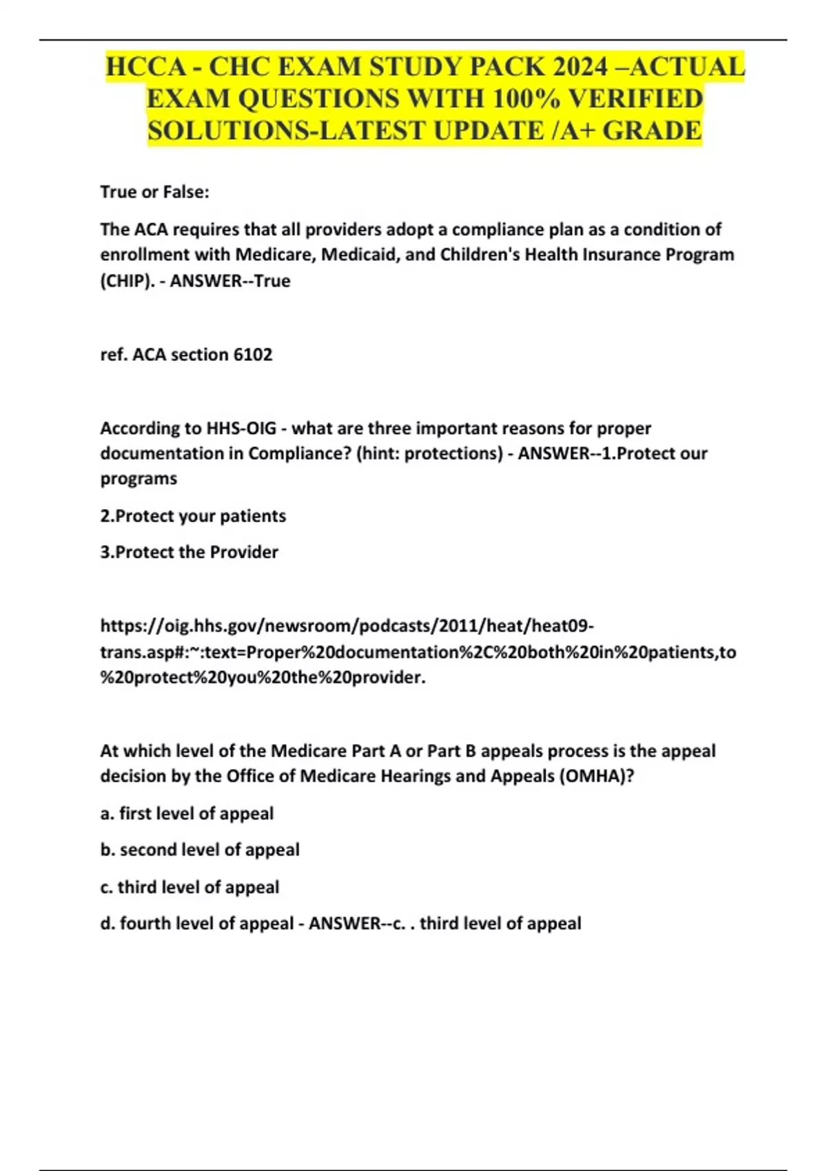 HCCA - CHC EXAM STUDY PACK 2024 –ACTUAL EXAM QUESTIONS WITH 100% ...