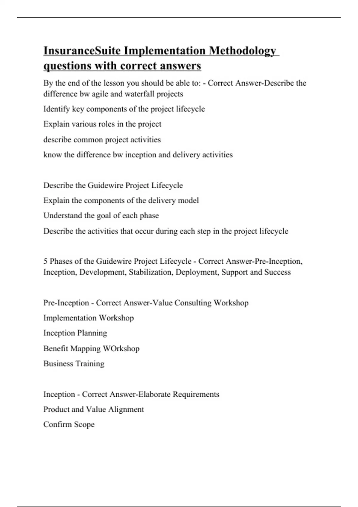 InsuranceSuite Implementation Methodology questions with correct ...